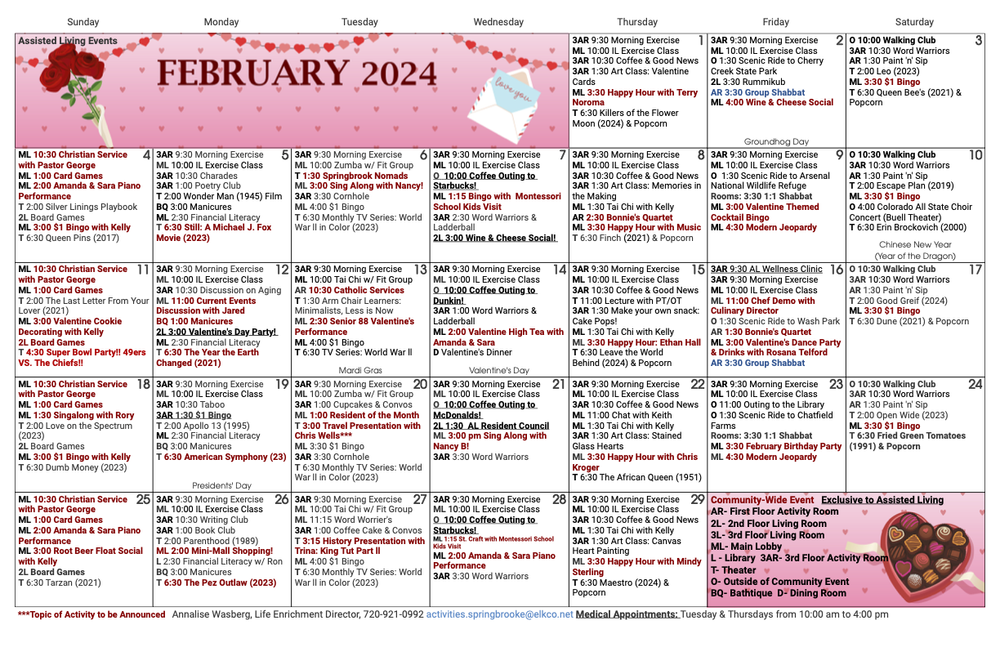 February Activities Calendars — Springbrooke Retirement Senior Living