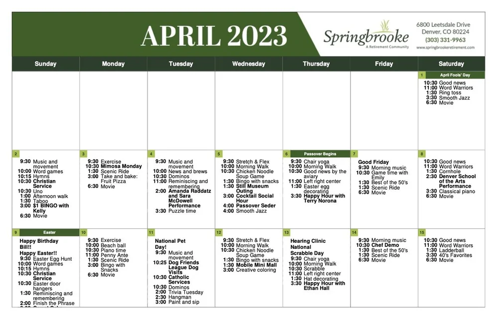 April 2023 Calendars — Springbrooke Retirement Senior Living