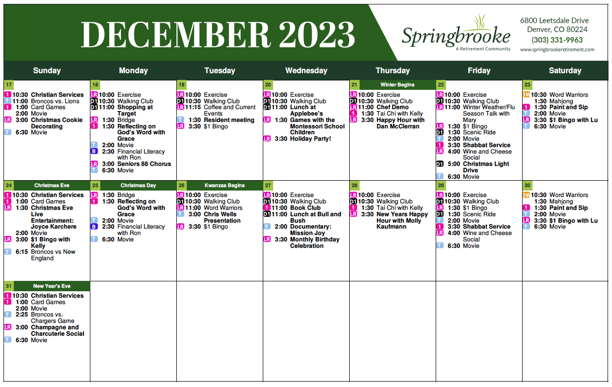 December Calendars — Springbrooke Retirement Senior Living