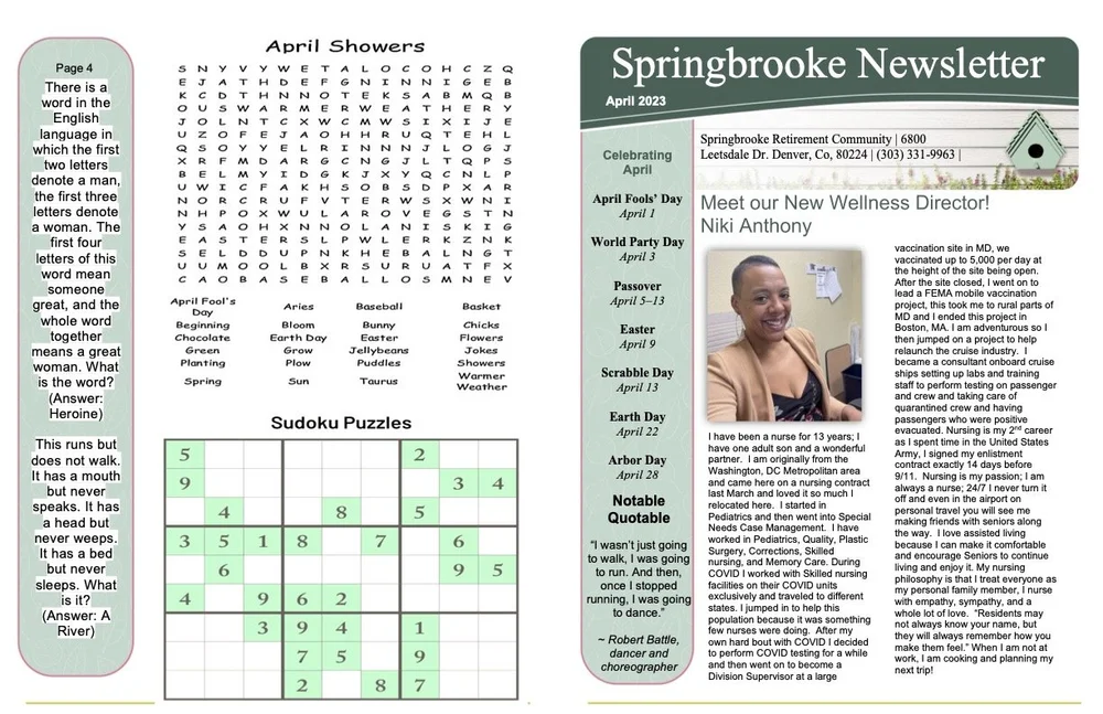 April Newsletter — Springbrooke Retirement Senior Living