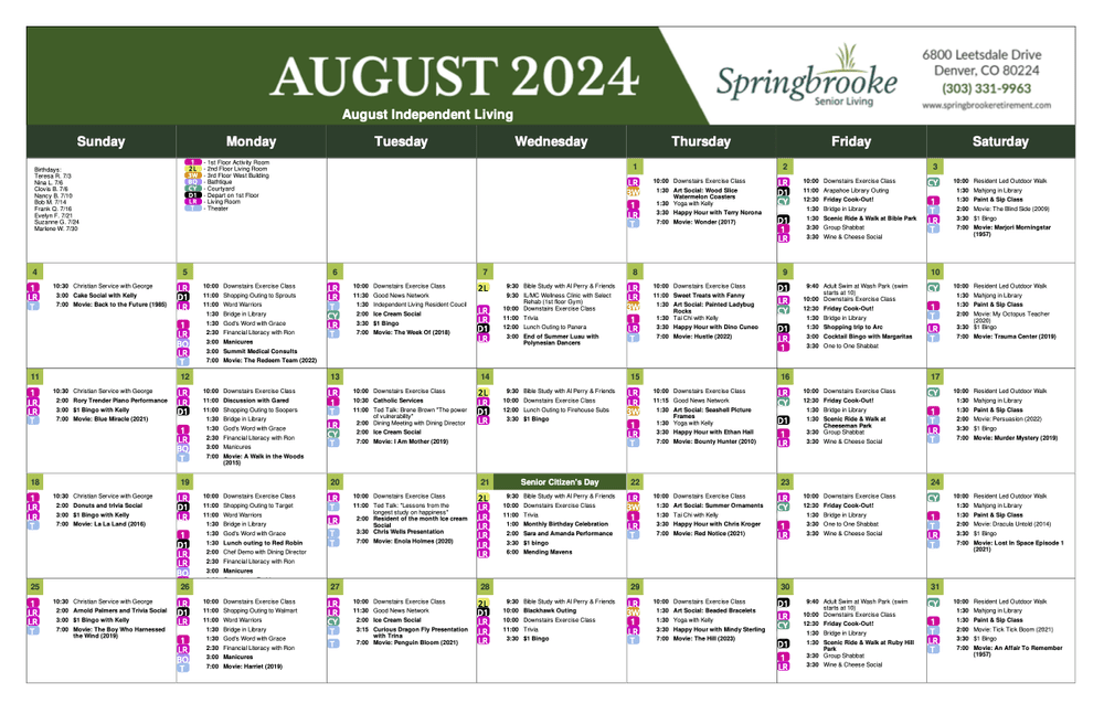 August 2024 Calendars — Springbrooke Retirement Senior Living