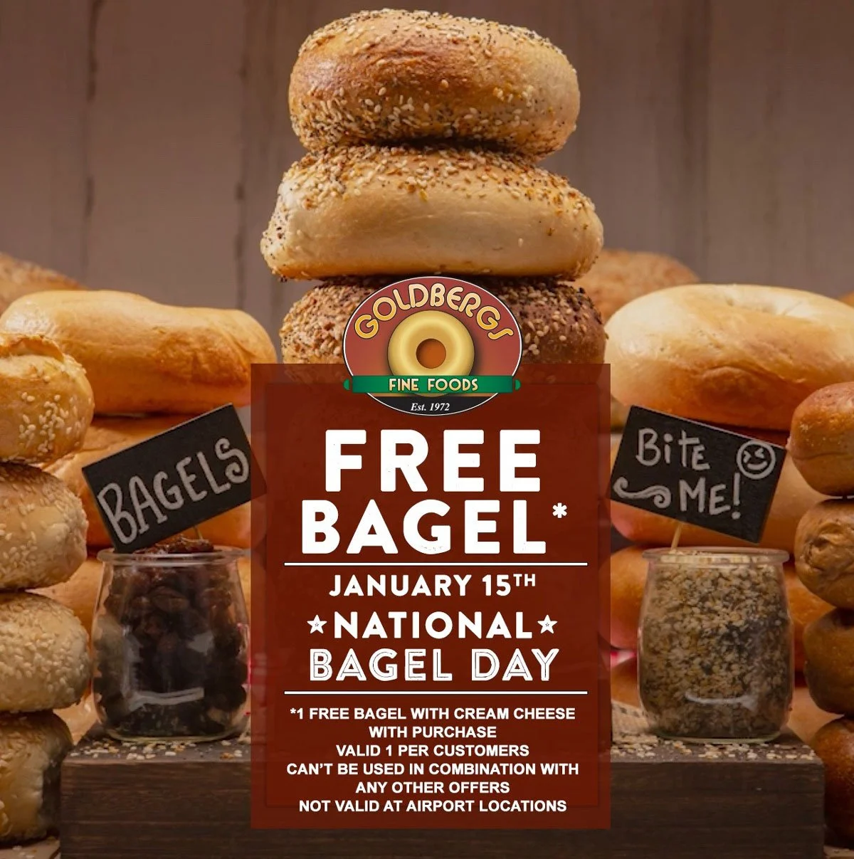 Enjoy a Free Bagel with Cream Cheese with Purchase at Goldbergs Fine ...