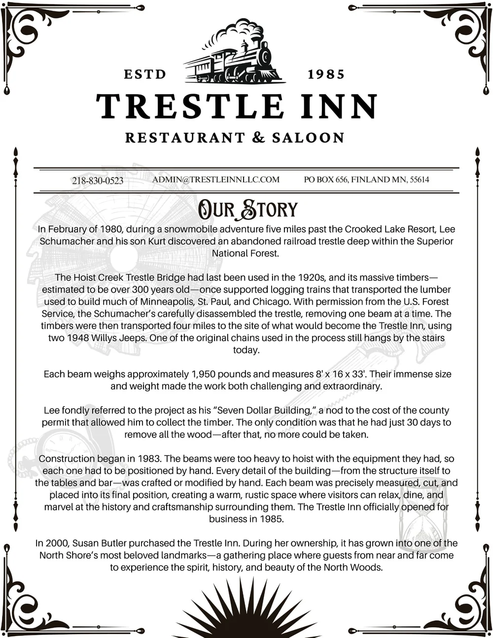 Trestle Inn Restaurant and Saloon Menu — TRESTLE INN