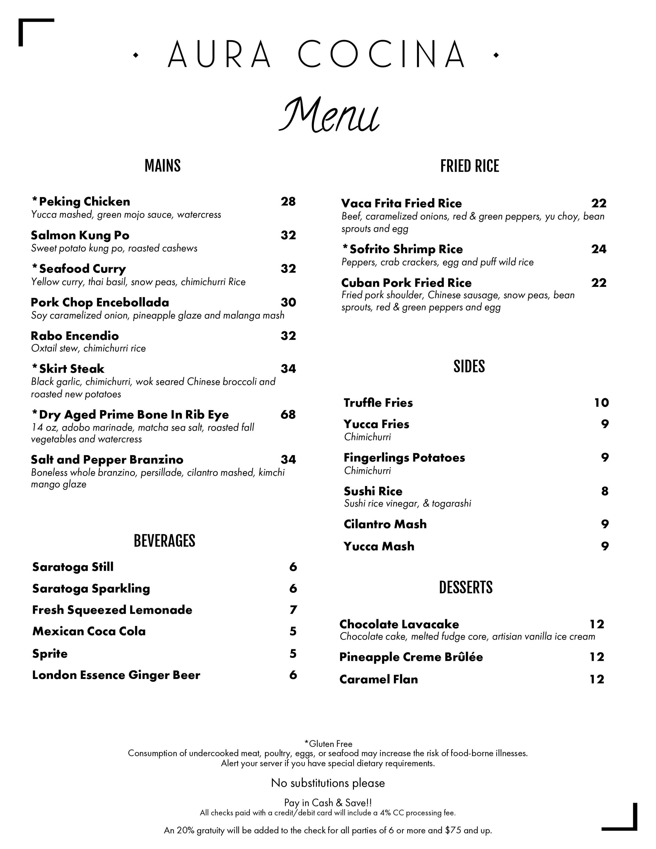Dinner Menu — Aura Cocina