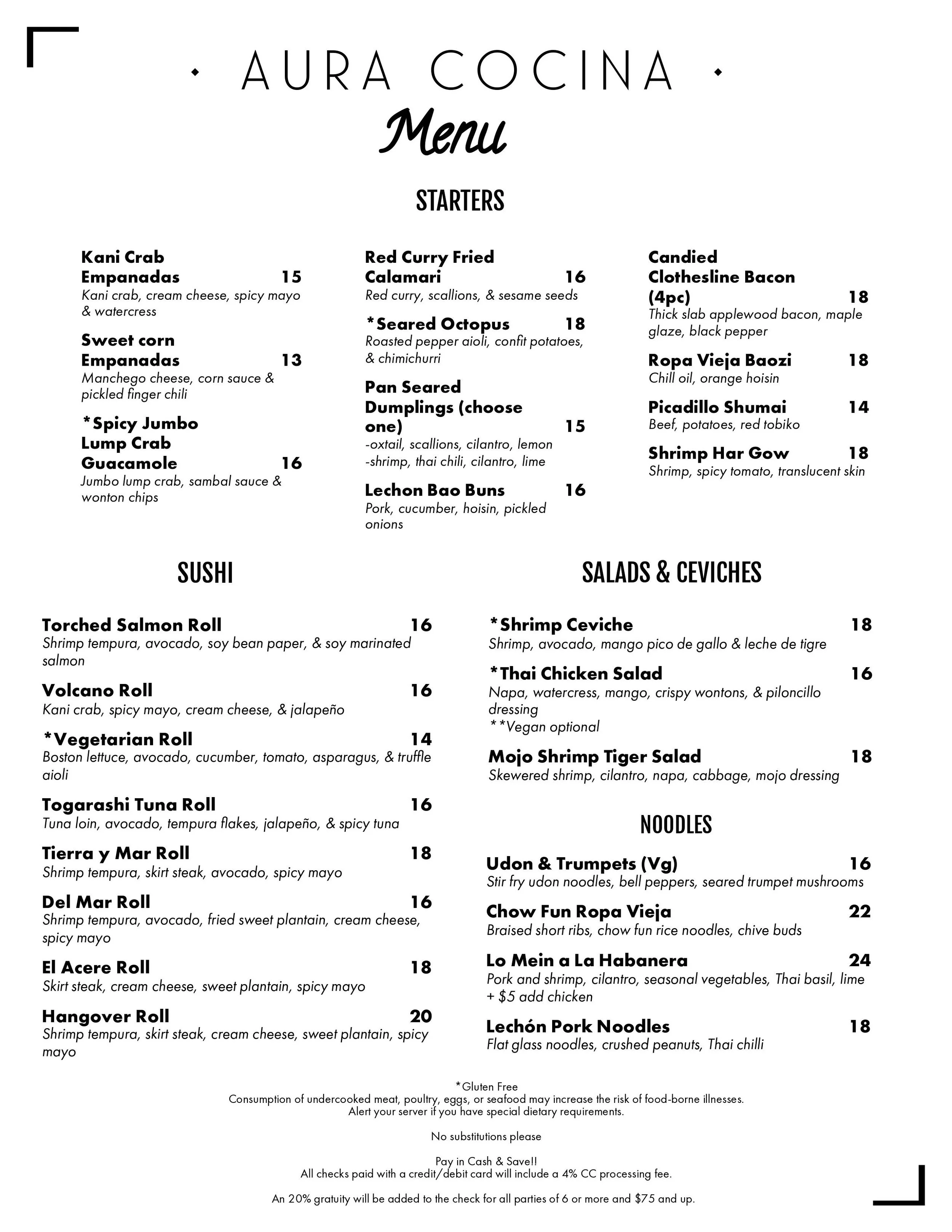 Dinner Menu — Aura Cocina