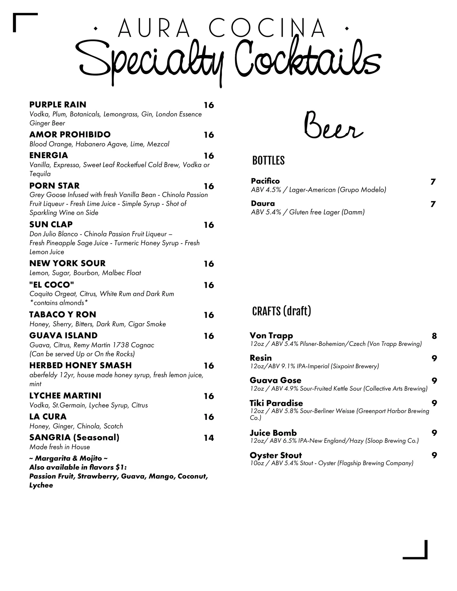 Dinner Menu — Aura Cocina