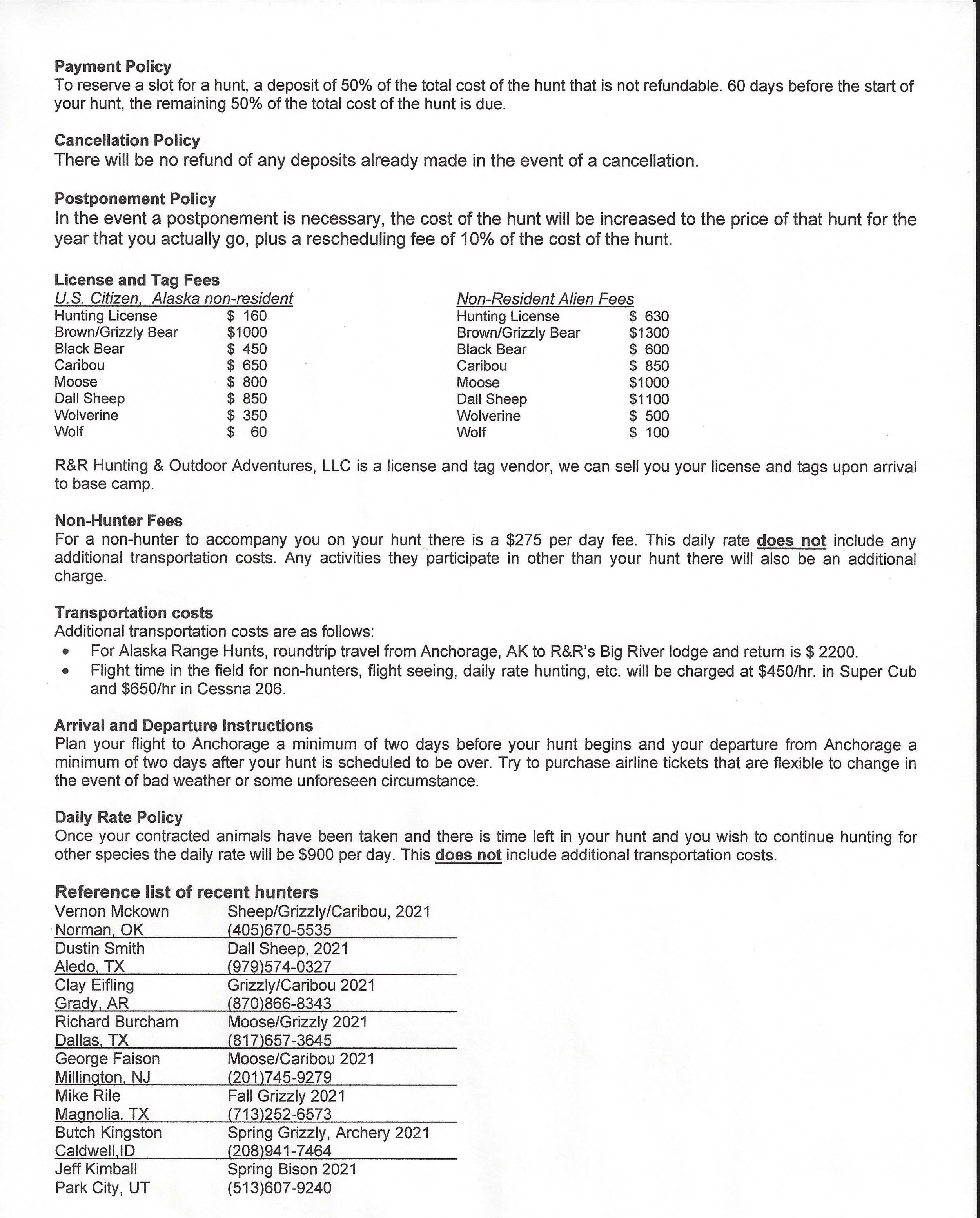 Pricing & Information — R&R Hunting & Outdoor Adventures