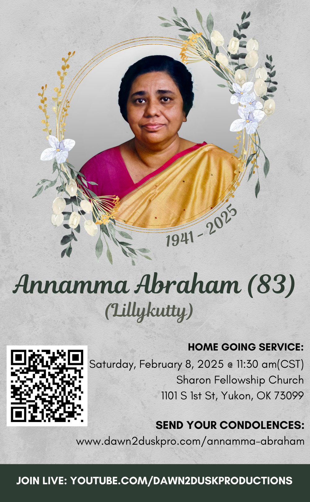 ANNAMMA ABRAHAM — DAWN 2 DUSK PRODUCTIONS, LLC