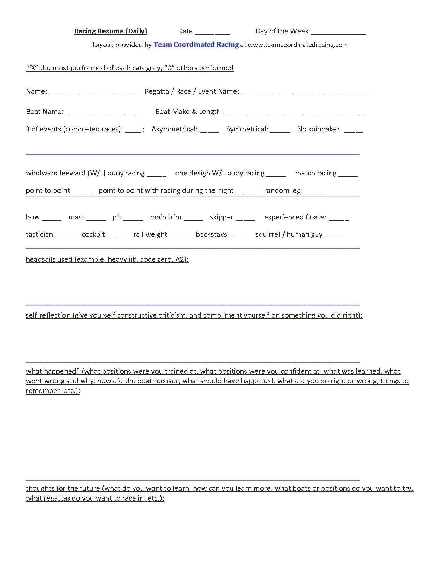 Team Coordinated Racing - Racing Resumes - Sailboat Racing with Spinnakers