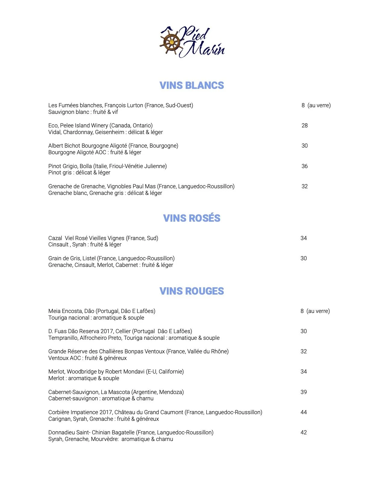 Menu — Ô Pied Marin