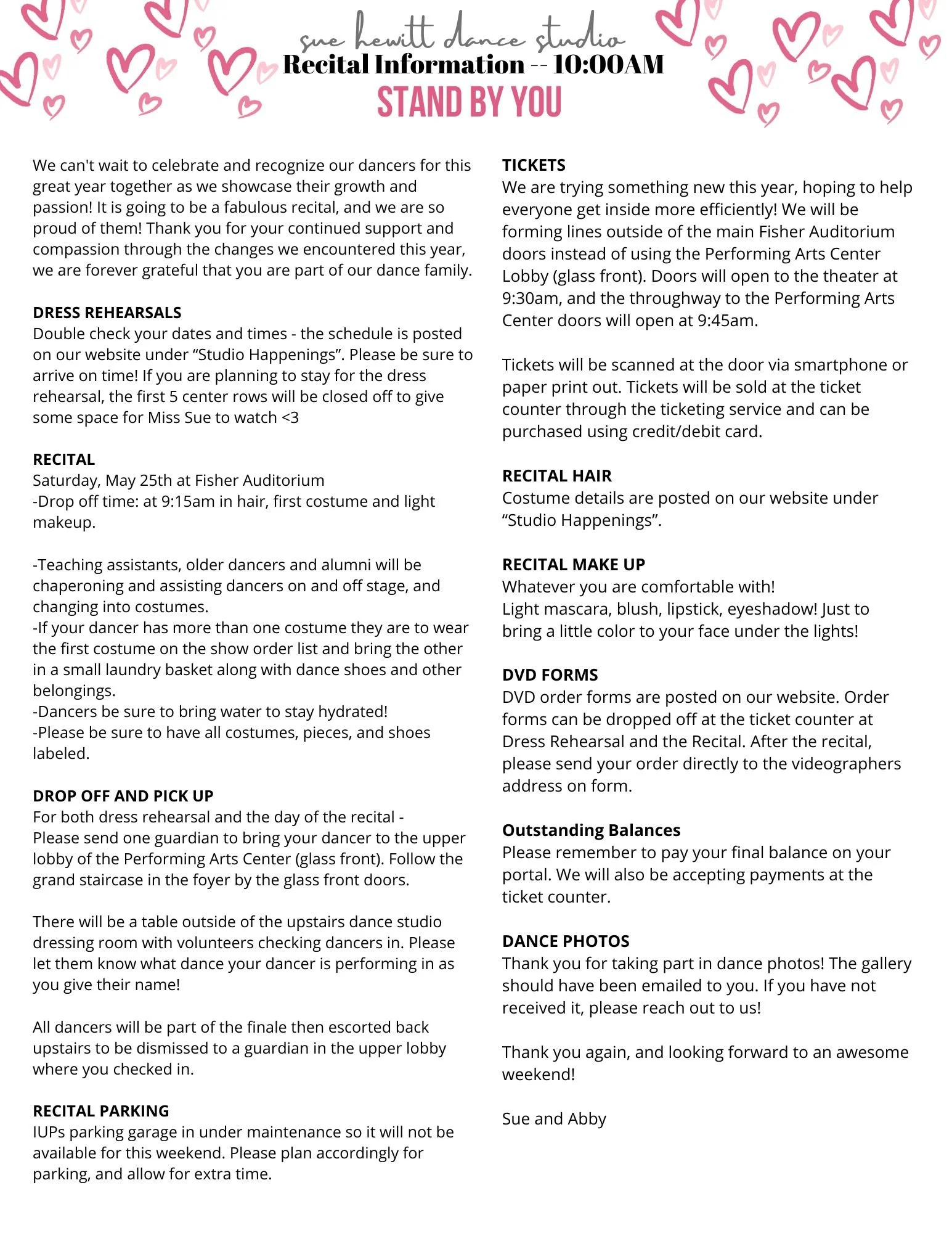 10:00AM Recital Reminders — Sue Hewitt Dance Studio