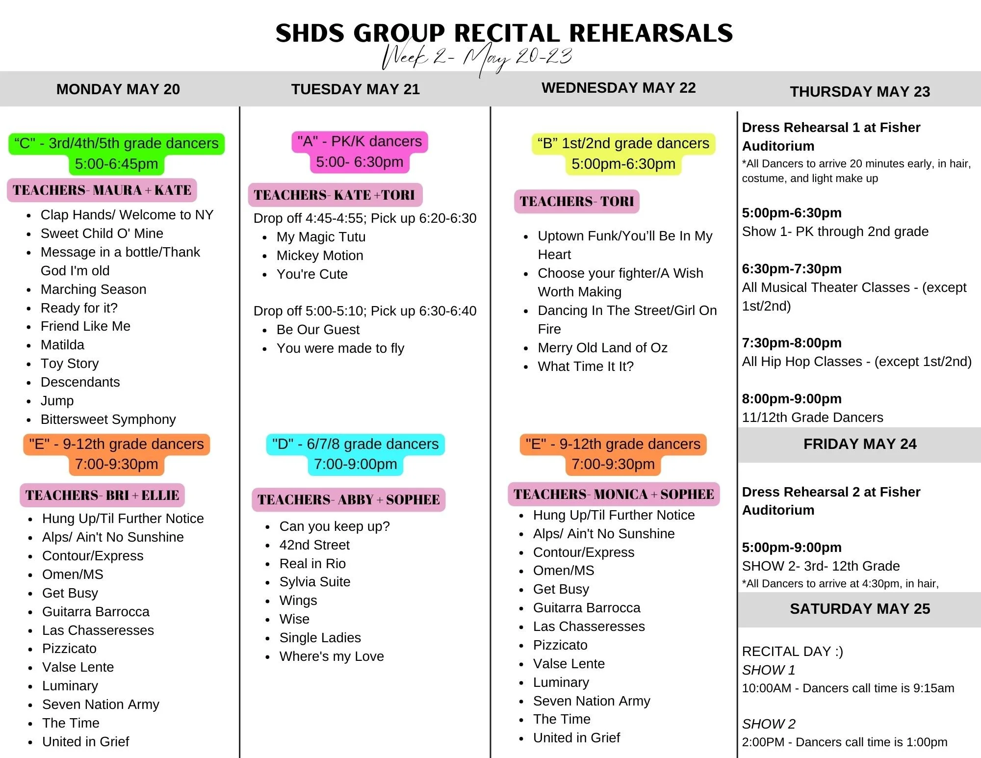 Recital Rehearsal Schedule — Sue Hewitt Dance Studio