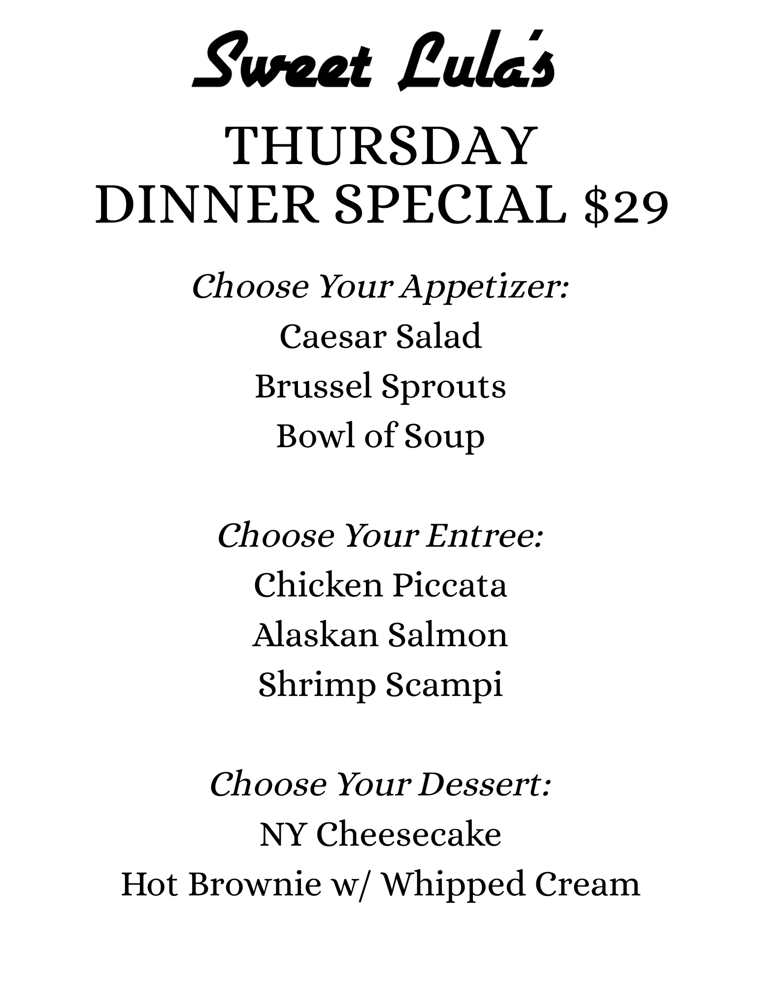 Menu — Sweet Lula's Restaurant