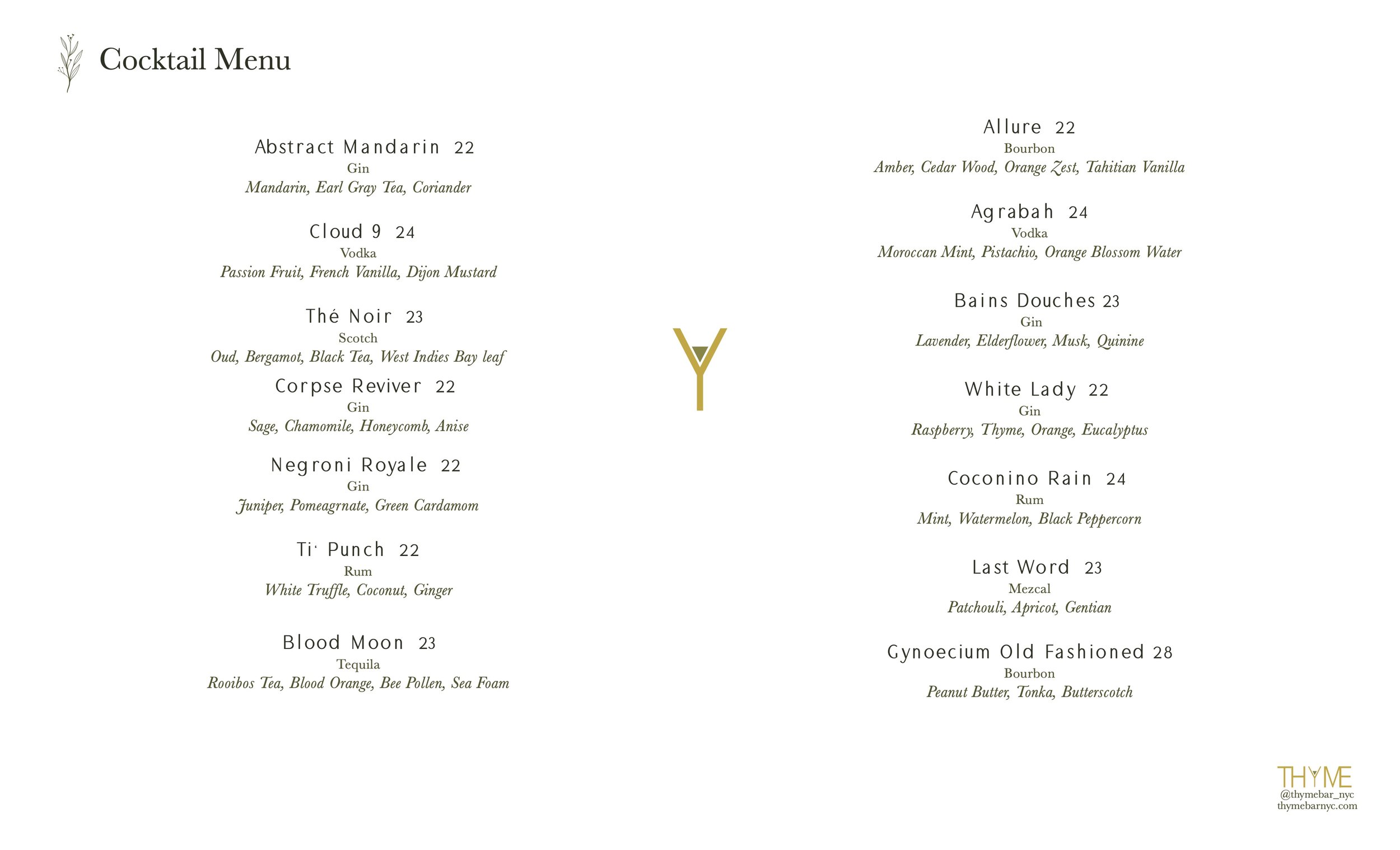 Menu — Thyme Bar | NYC | Flatiron | Cocktail | Speakeasy Bar
