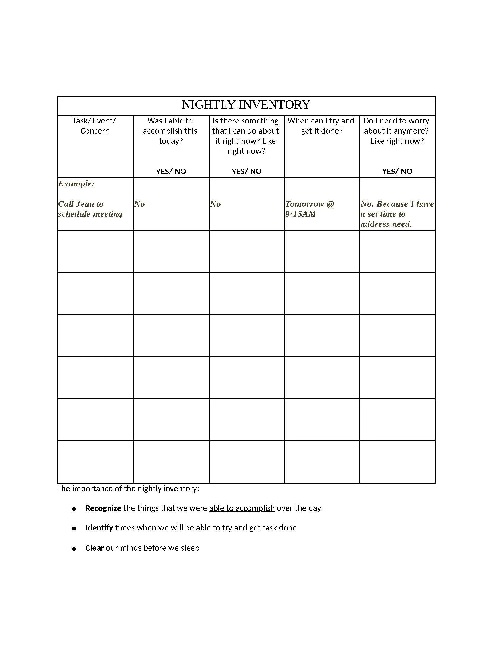 Nightly Inventory — New Paths Counseling, LLC Therapy Services