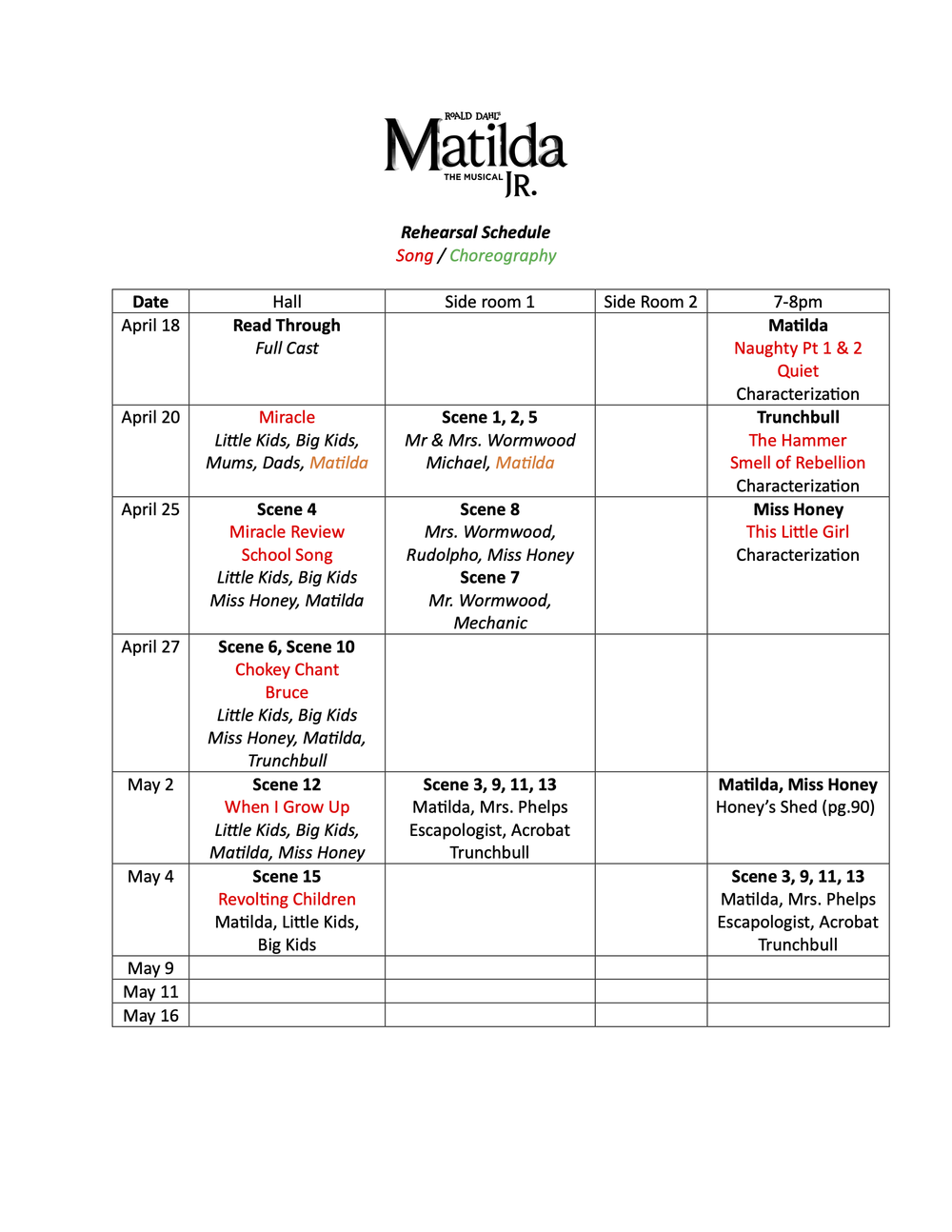 Matilda Jr. Rehearsal Schedule — Struthers Library Theatre