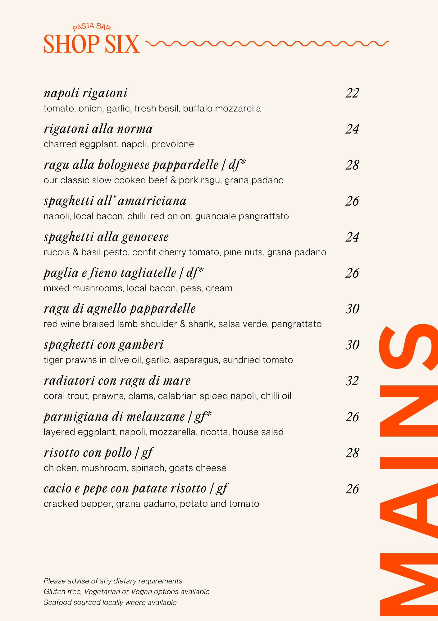 Menu — Shop Six Pasta Bar
