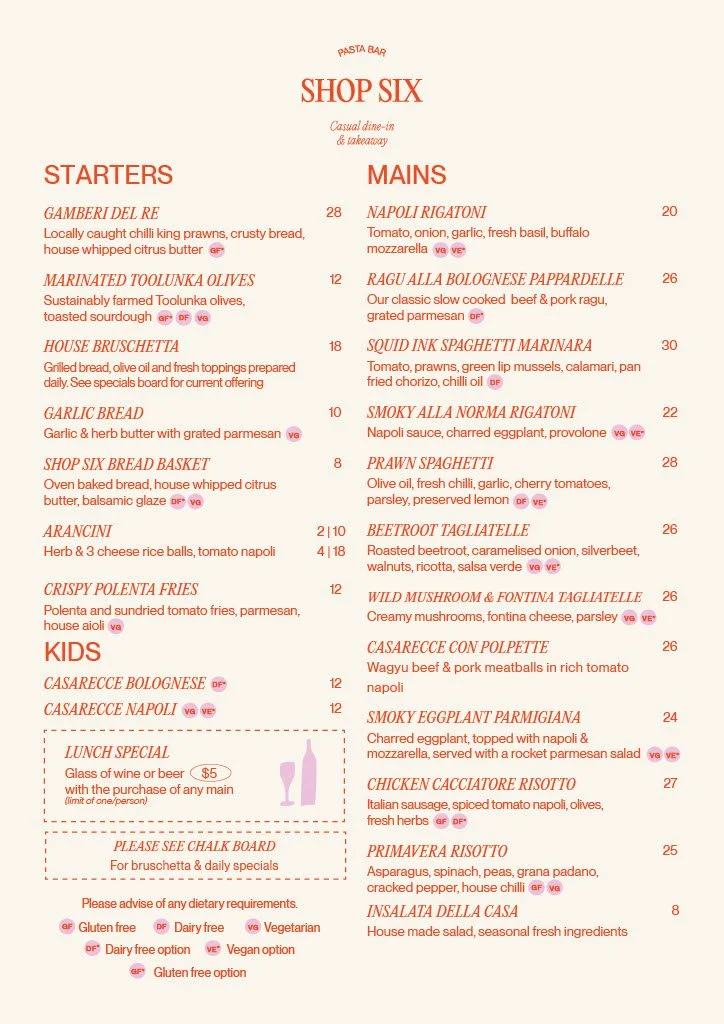 Menu — Shop Six Pasta Bar
