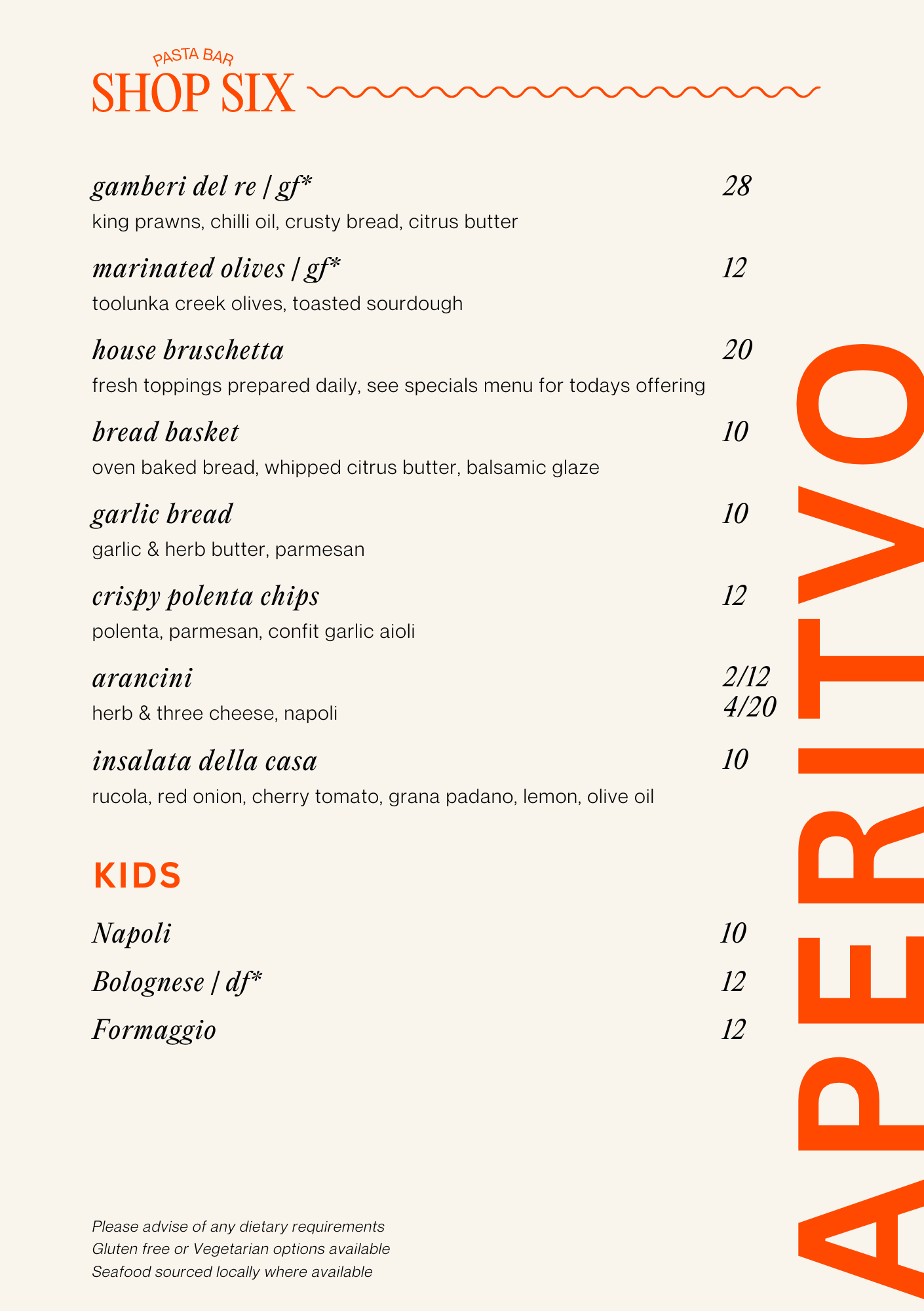 Menu — Shop Six Pasta Bar