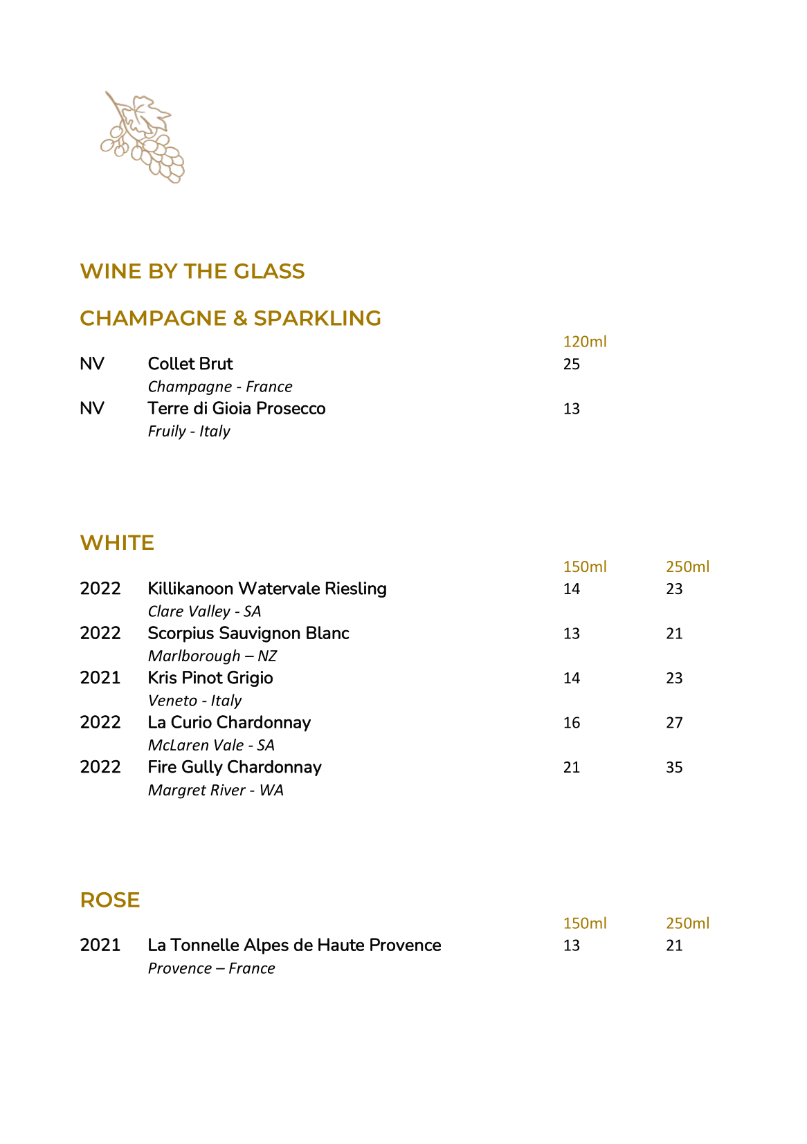 Wine List — Ruse Bar & Brasserie