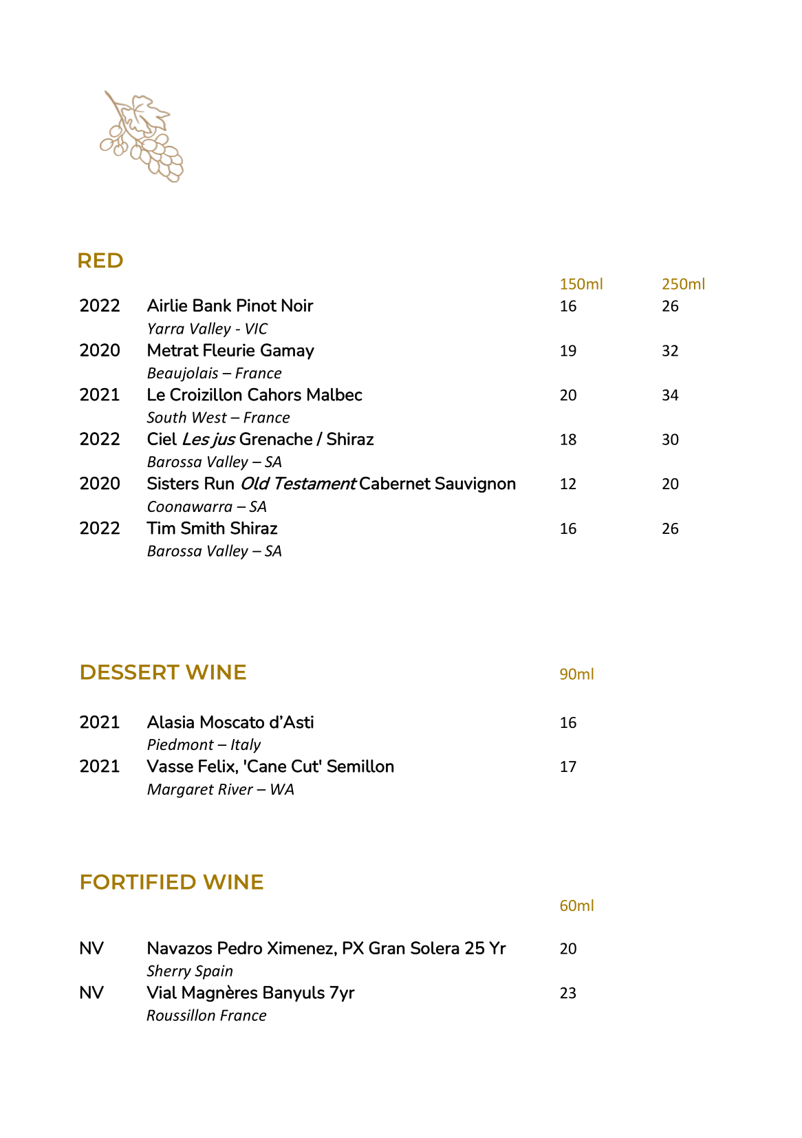 Wine List — Ruse Bar & Brasserie