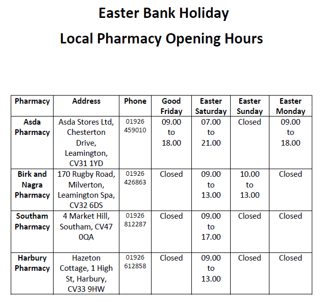 Easter Weekend Opening Hours 2021 — St Wulfstan Southam Surgery CQC ...