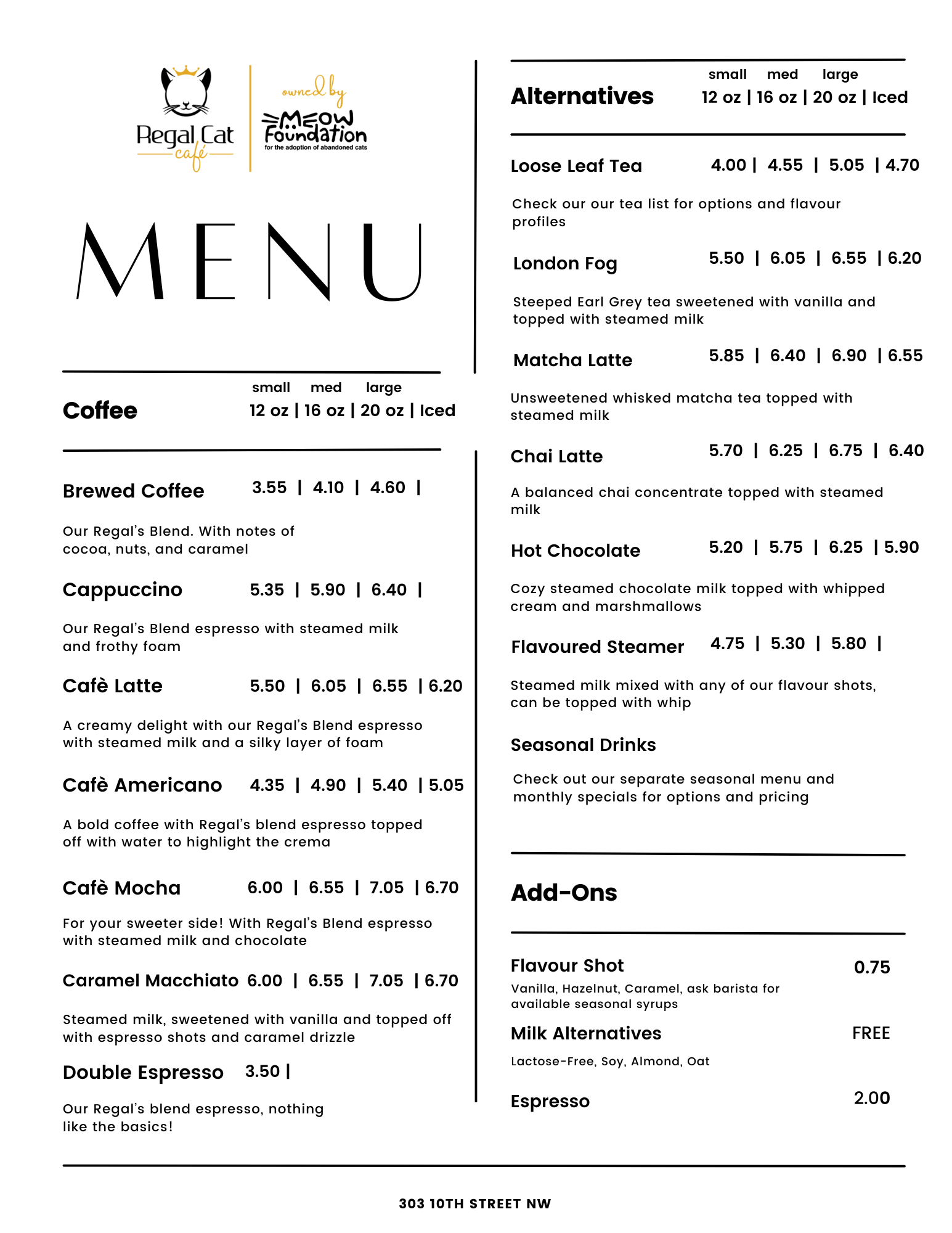 Menu — Regal Cat Cafe