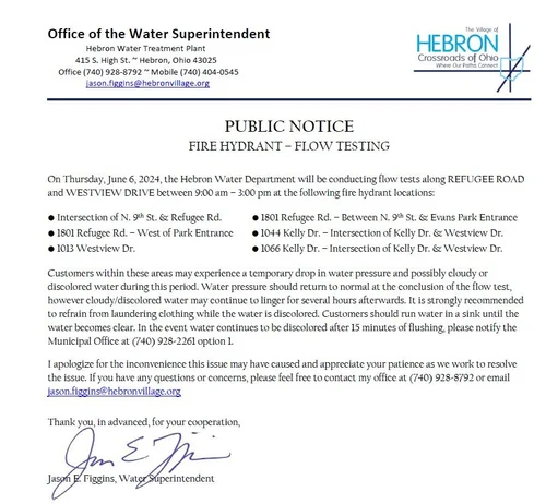 Public Notice-Hydrant Flow Testing 06.06.2024 — Village of Hebron