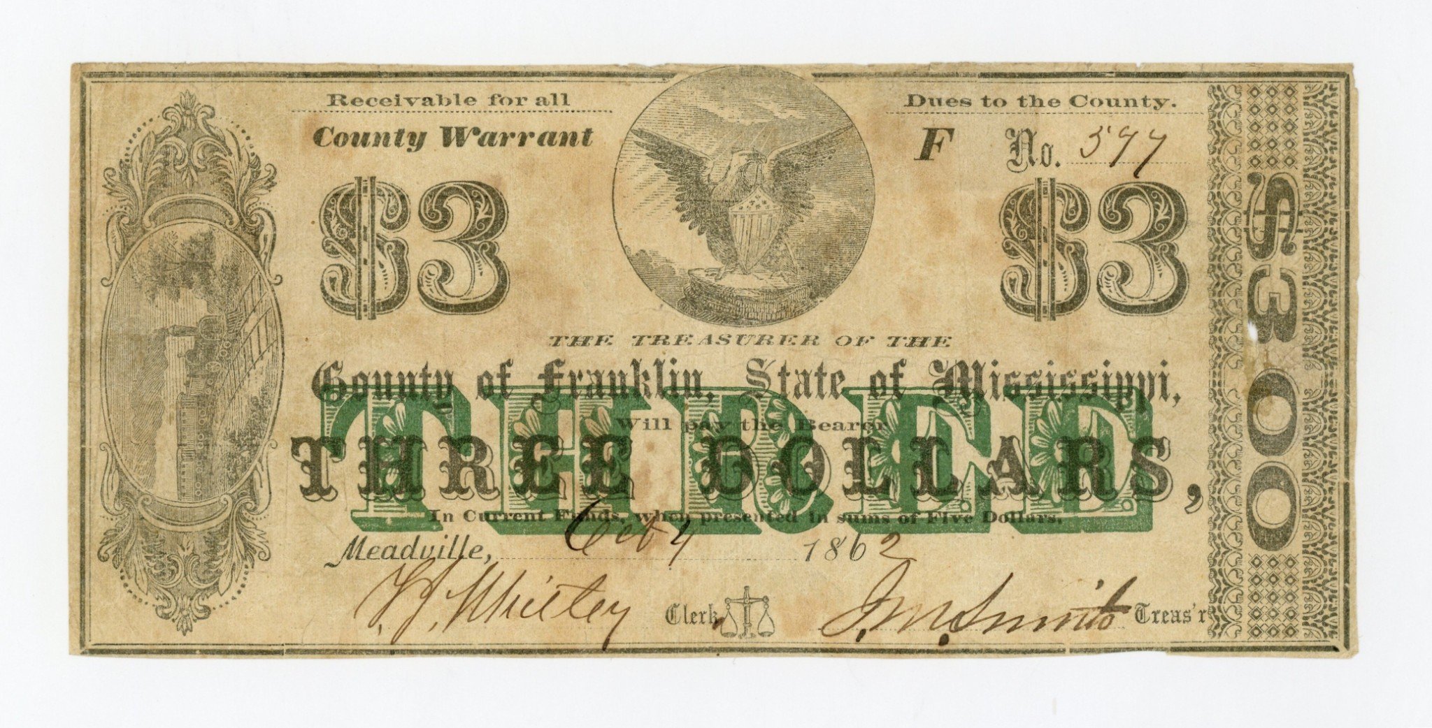 OLDMONEY4U — 1862 $3 The County of Franklin - Meadville, MISSISSIPPI ...