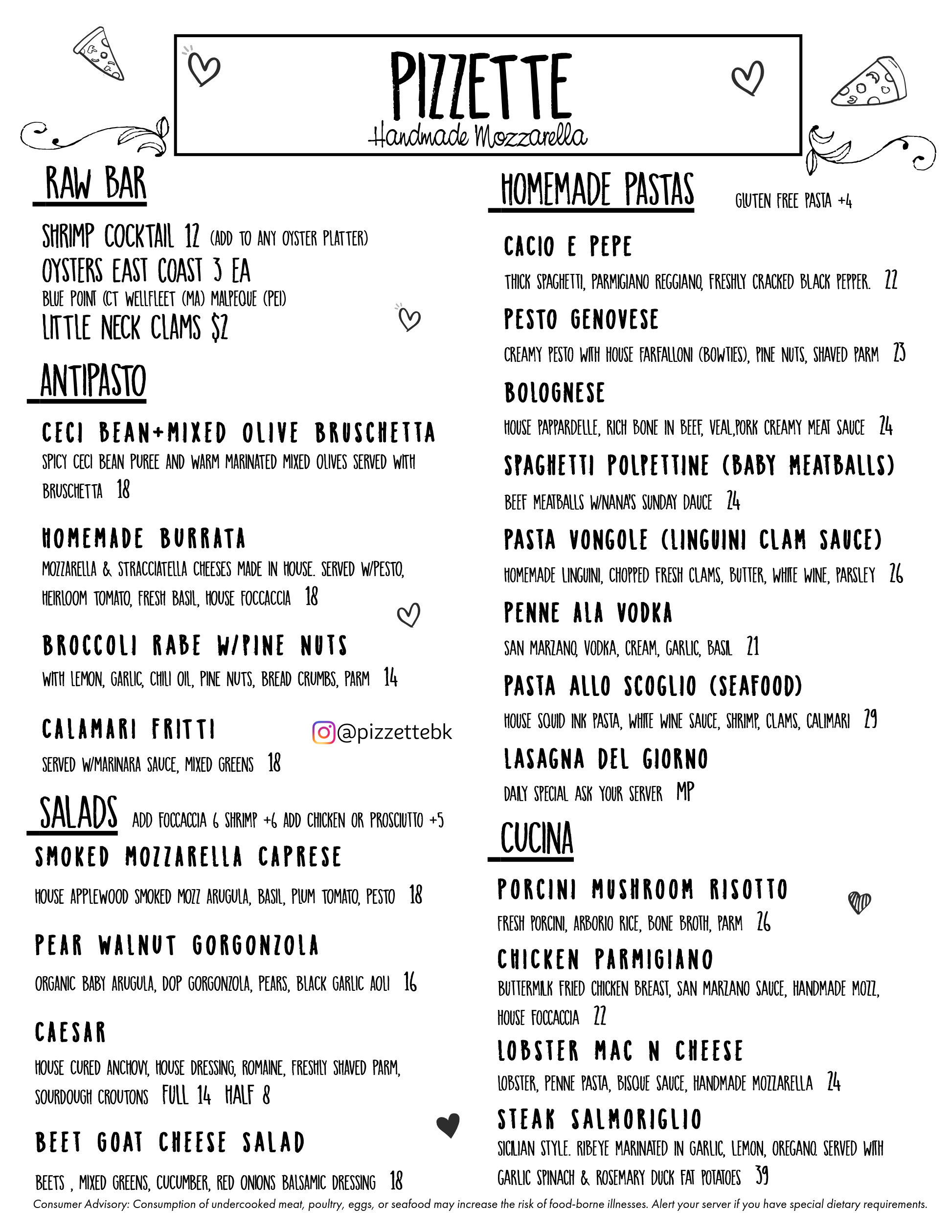 Dinner Menu — Pizzette