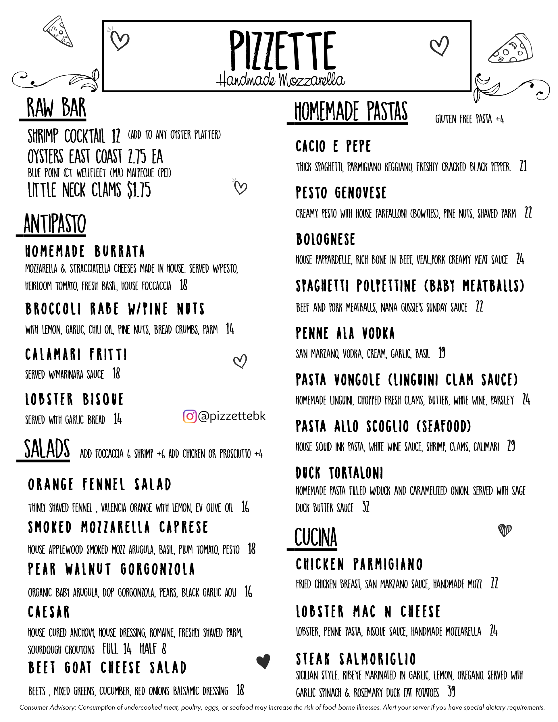 Dinner Menu — Pizzette