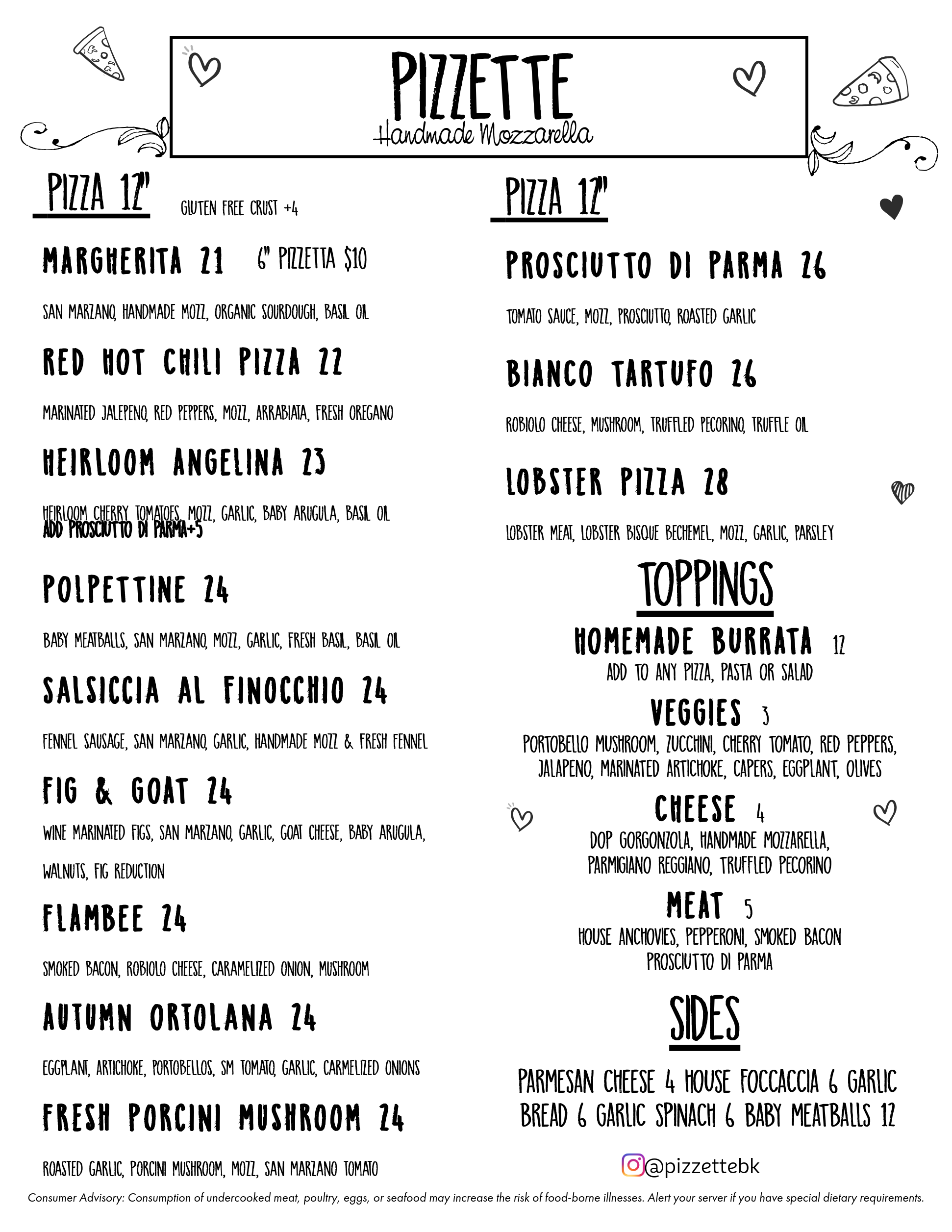 Dinner Menu — Pizzette