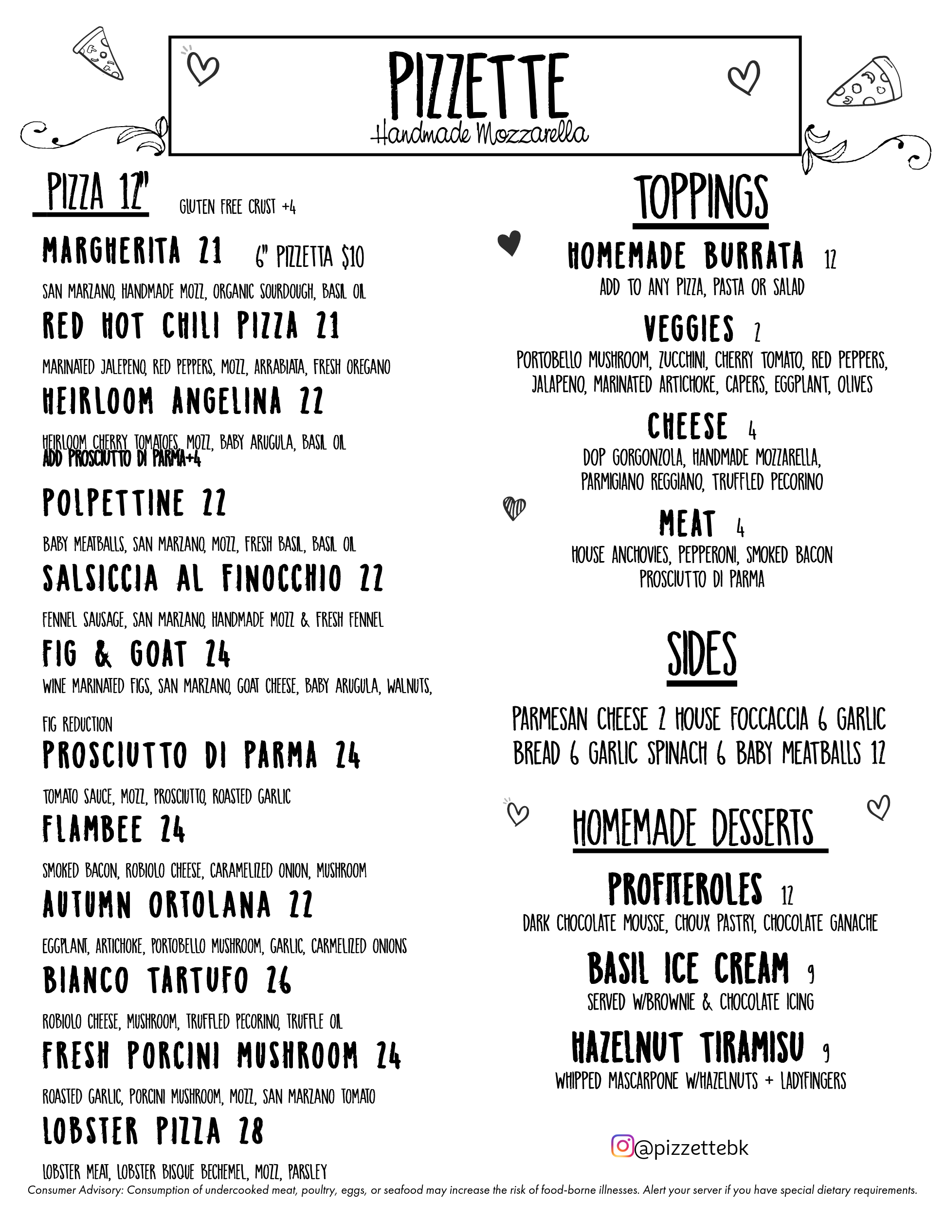 Dinner Menu — Pizzette