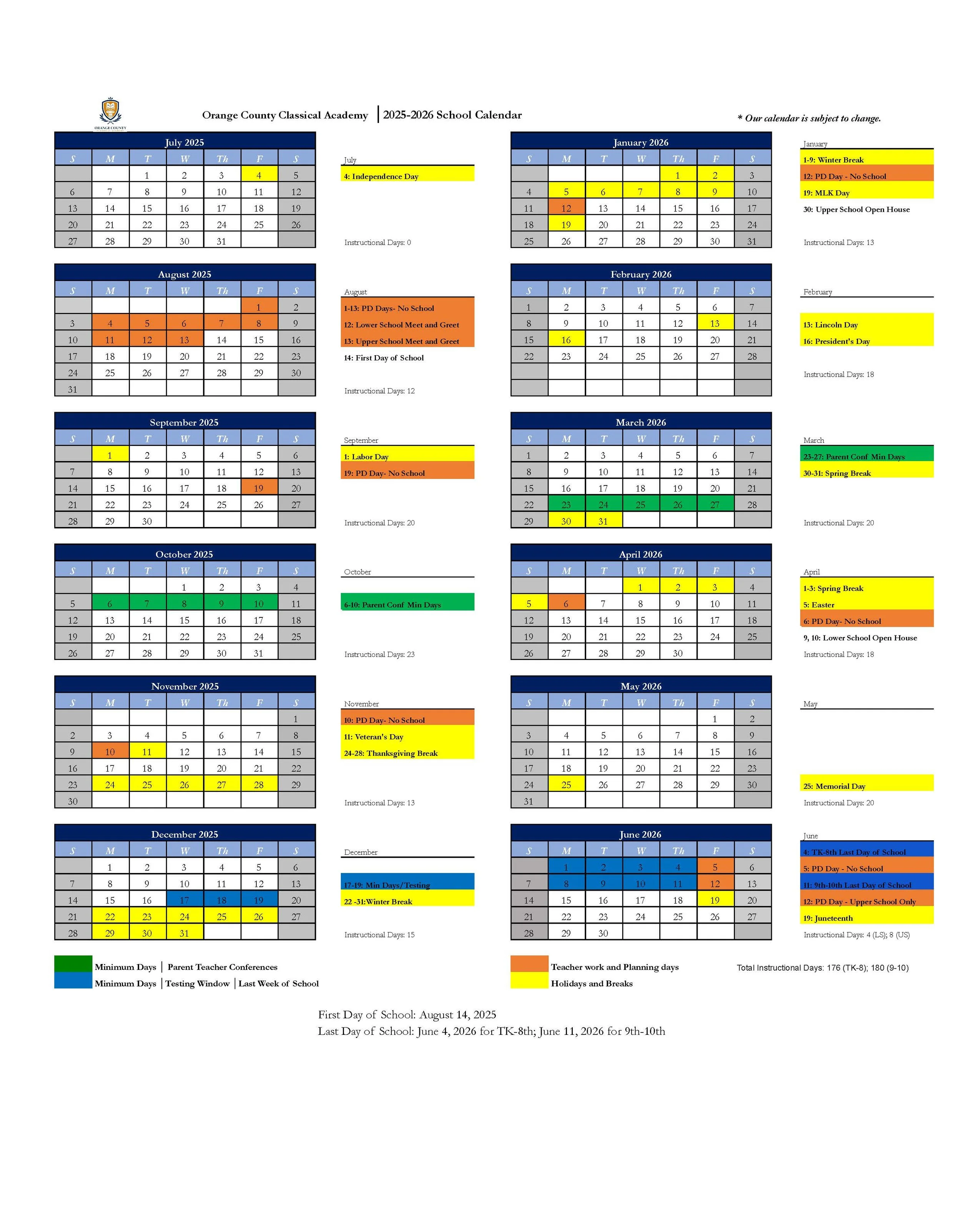 25-26 School Calendar — Orange County Classical Academy A Hillsdale ...