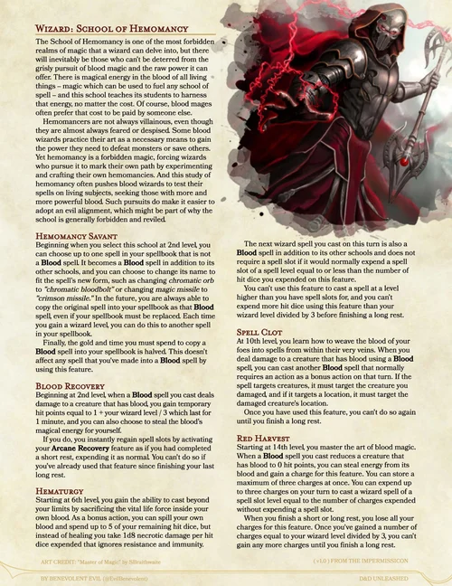 The School of Hemomancy (Wizard) — DND Unleashed: A Homebrew Expansion ...