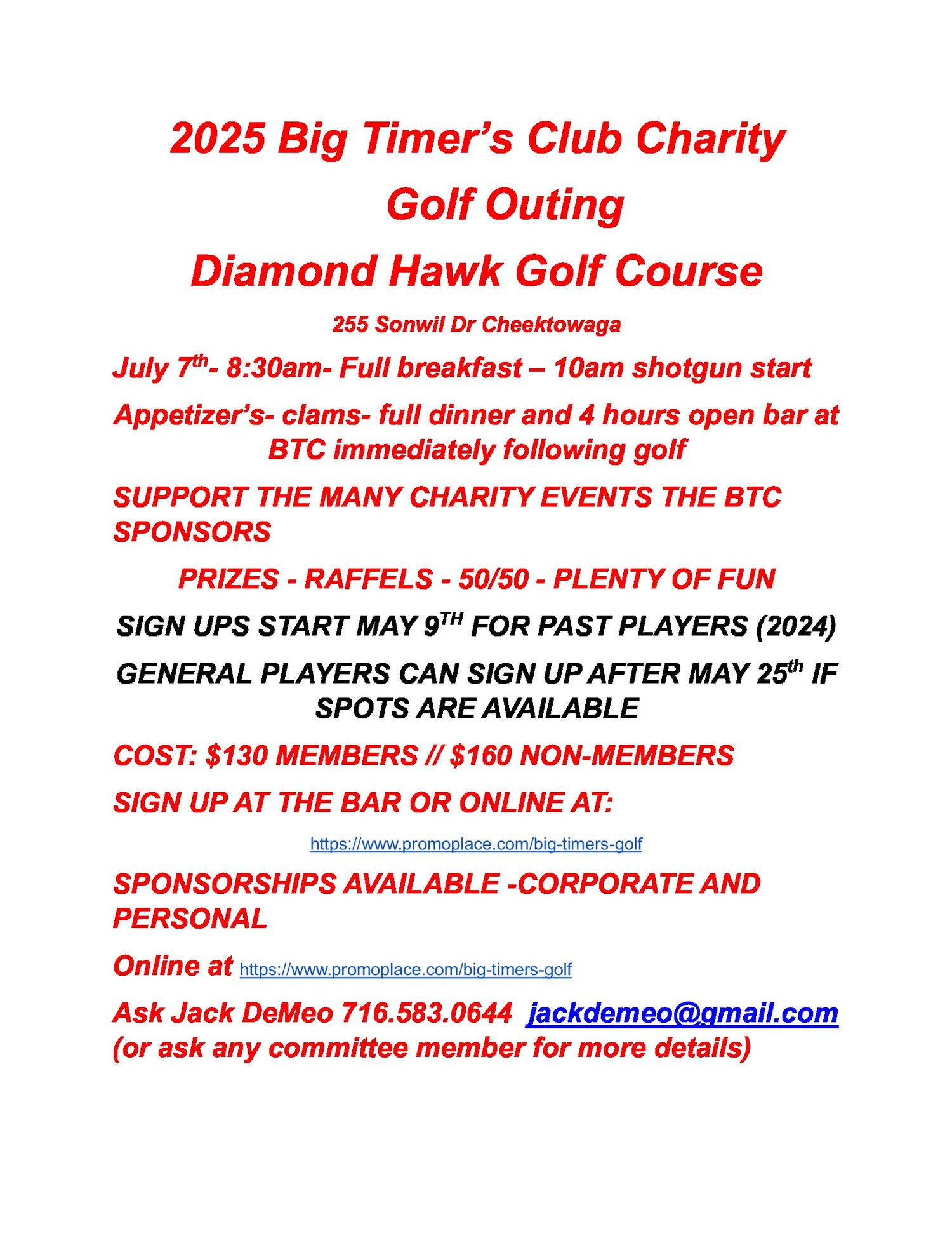 2025 Big Timer’s Club Charity Golf Outing — Big Timers Club Calendar