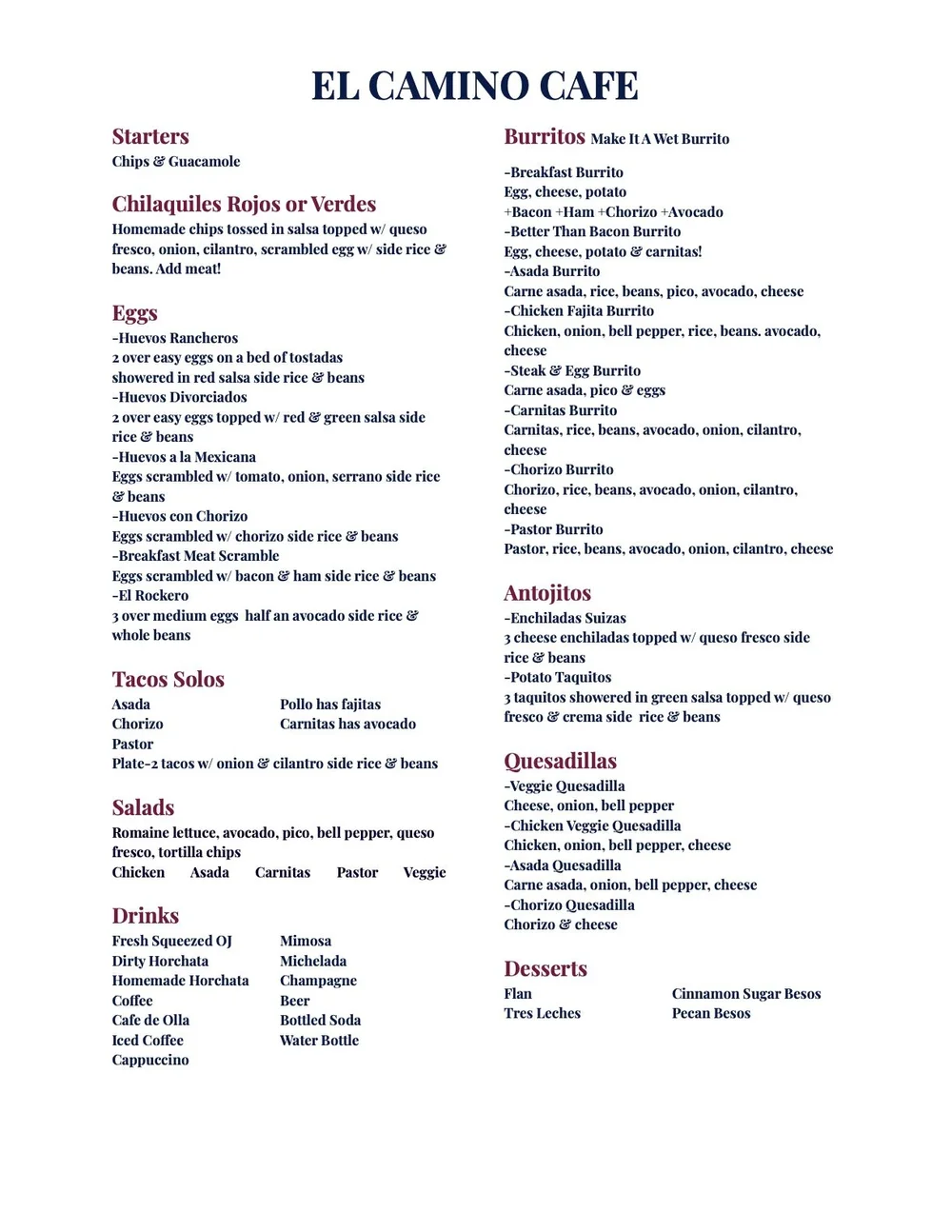MENU — el camino cafe