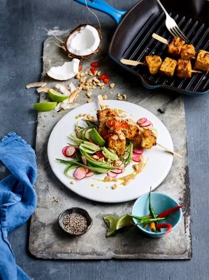 Tempeh Satay Skewers with Cucumber and Radish Slaw | Discover Delicious ...
