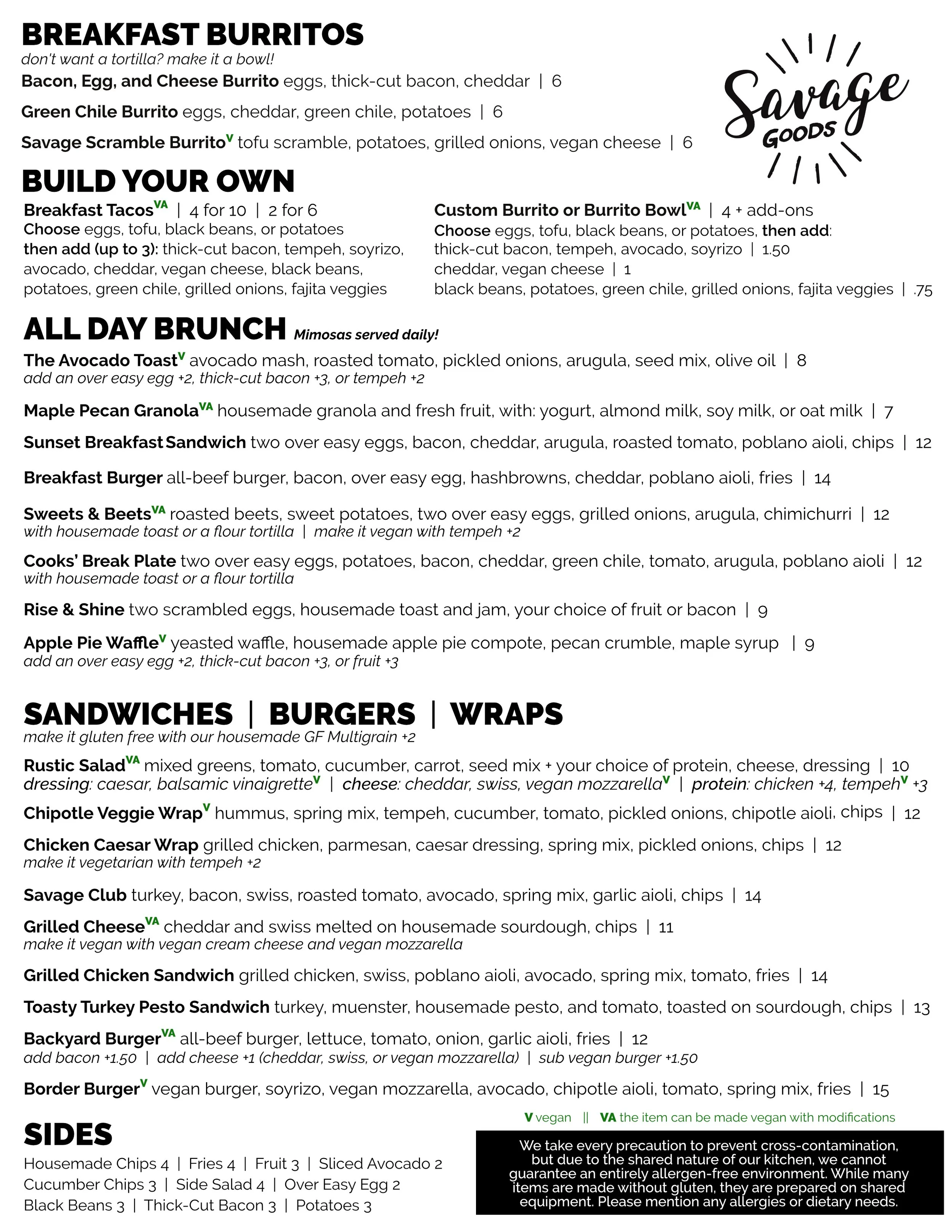 Cafe Menu — Savage Goods