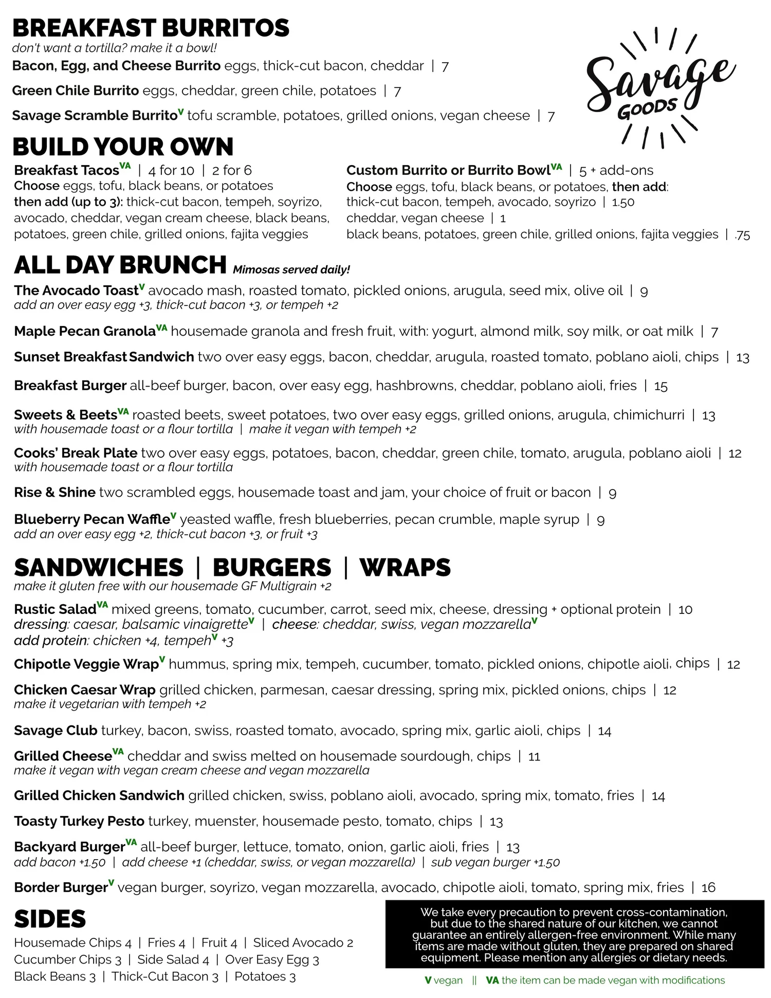Cafe Menu — Savage Goods