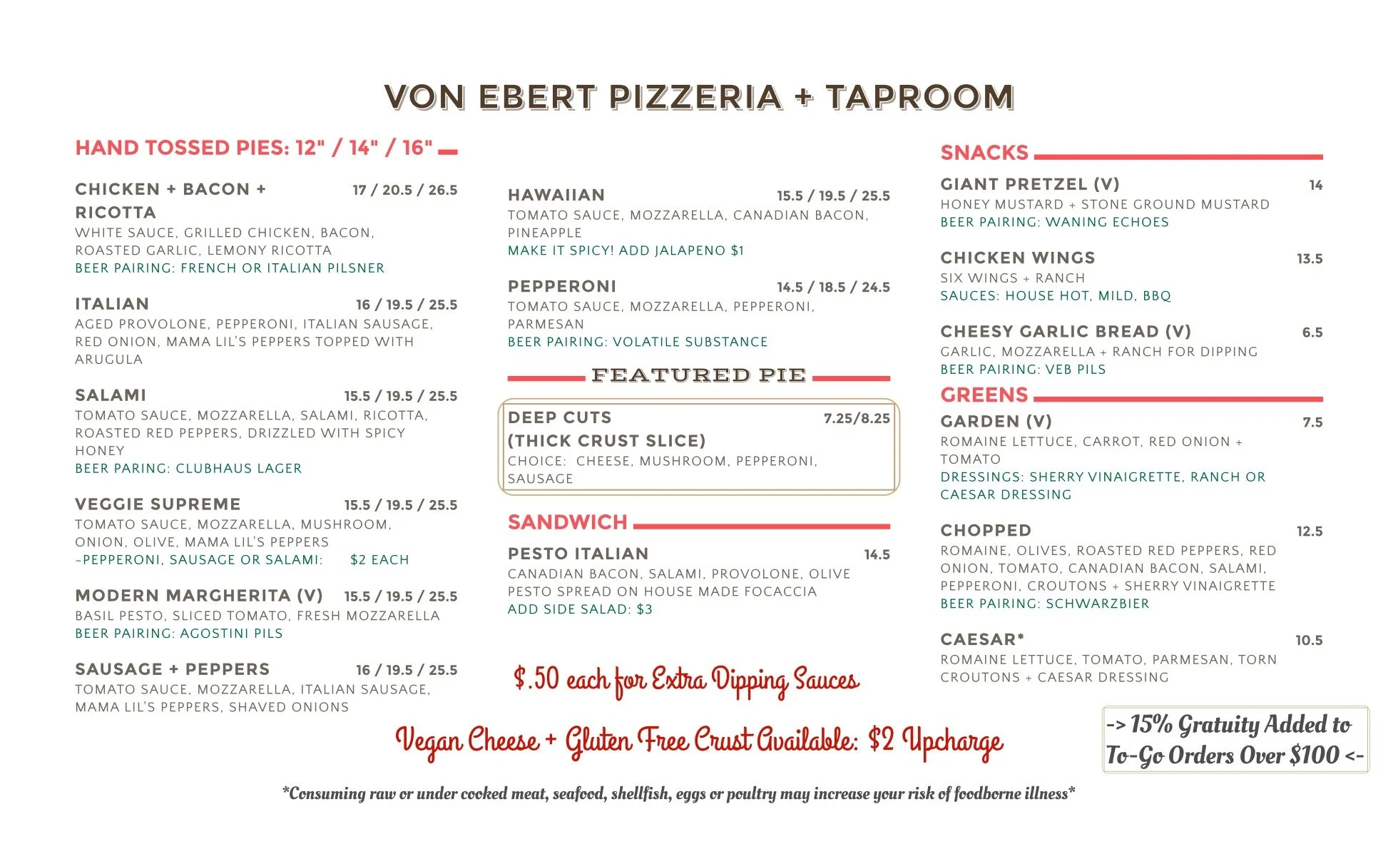 Beaverton Taproom Menus — Von Ebert Brewing