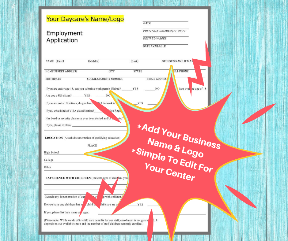 Daycare Employee Orientation / New Hire Document | Daycare Forms ...