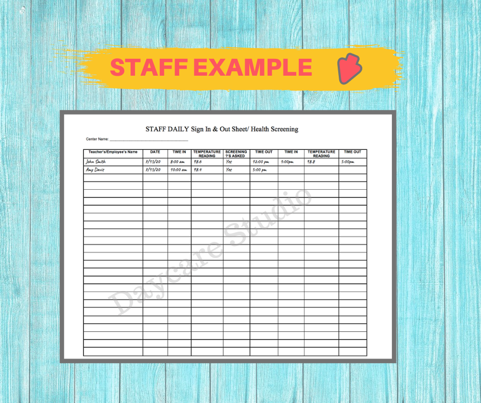 Sign In/Out Log with Temp Check / Daycare Printable Health Screening ...