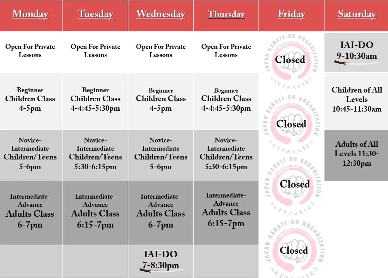 Karate Class schedule — Japan Karate-Do organization