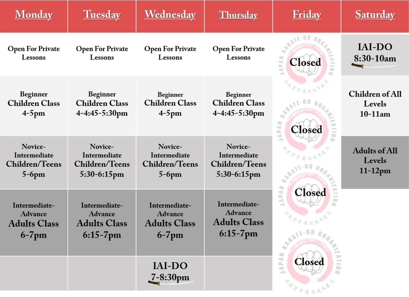 Karate Class schedule — Japan Karate-Do organization