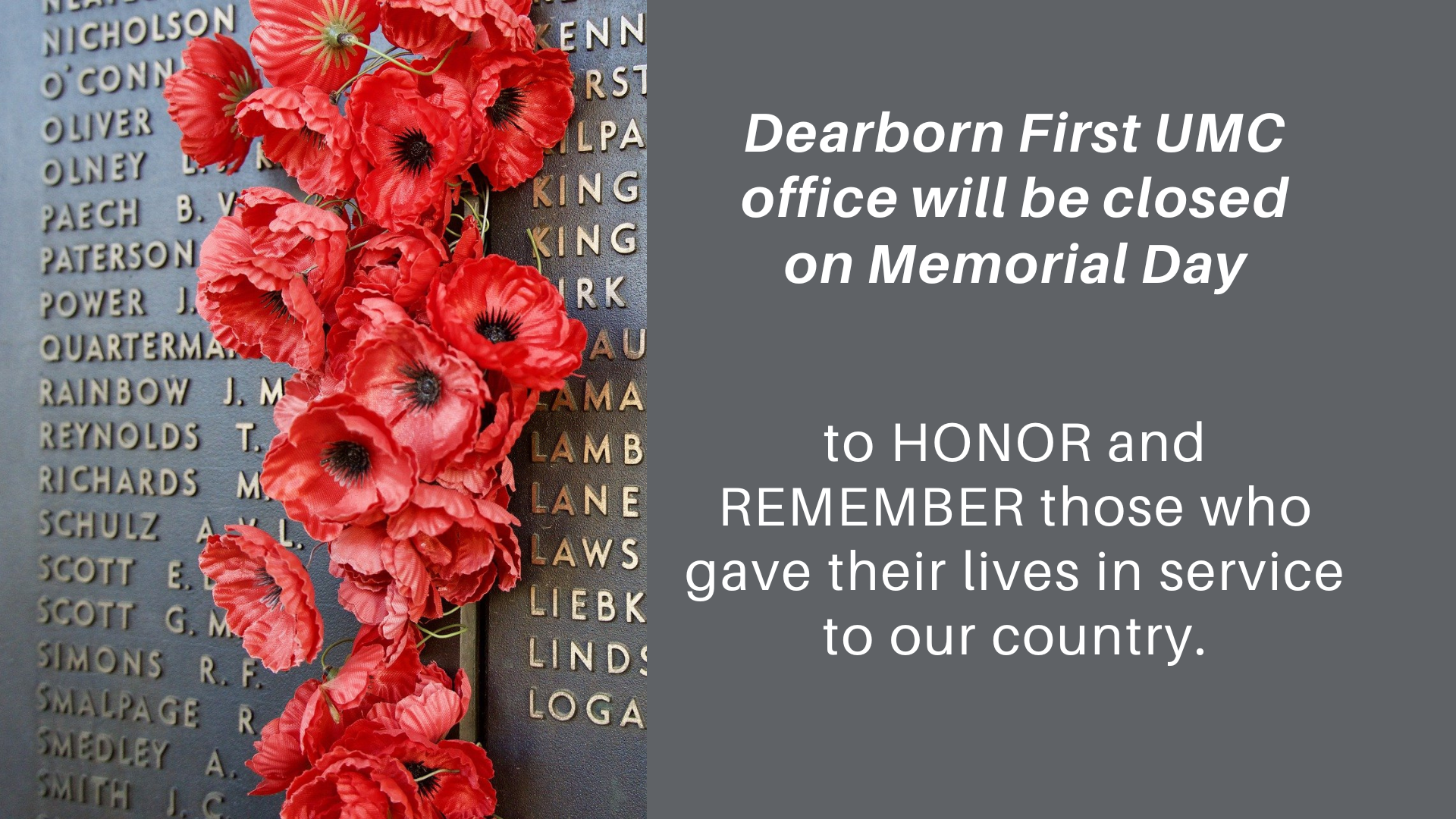 DFUMC OFFICE CLOSED — DEARBORN FIRST UMC