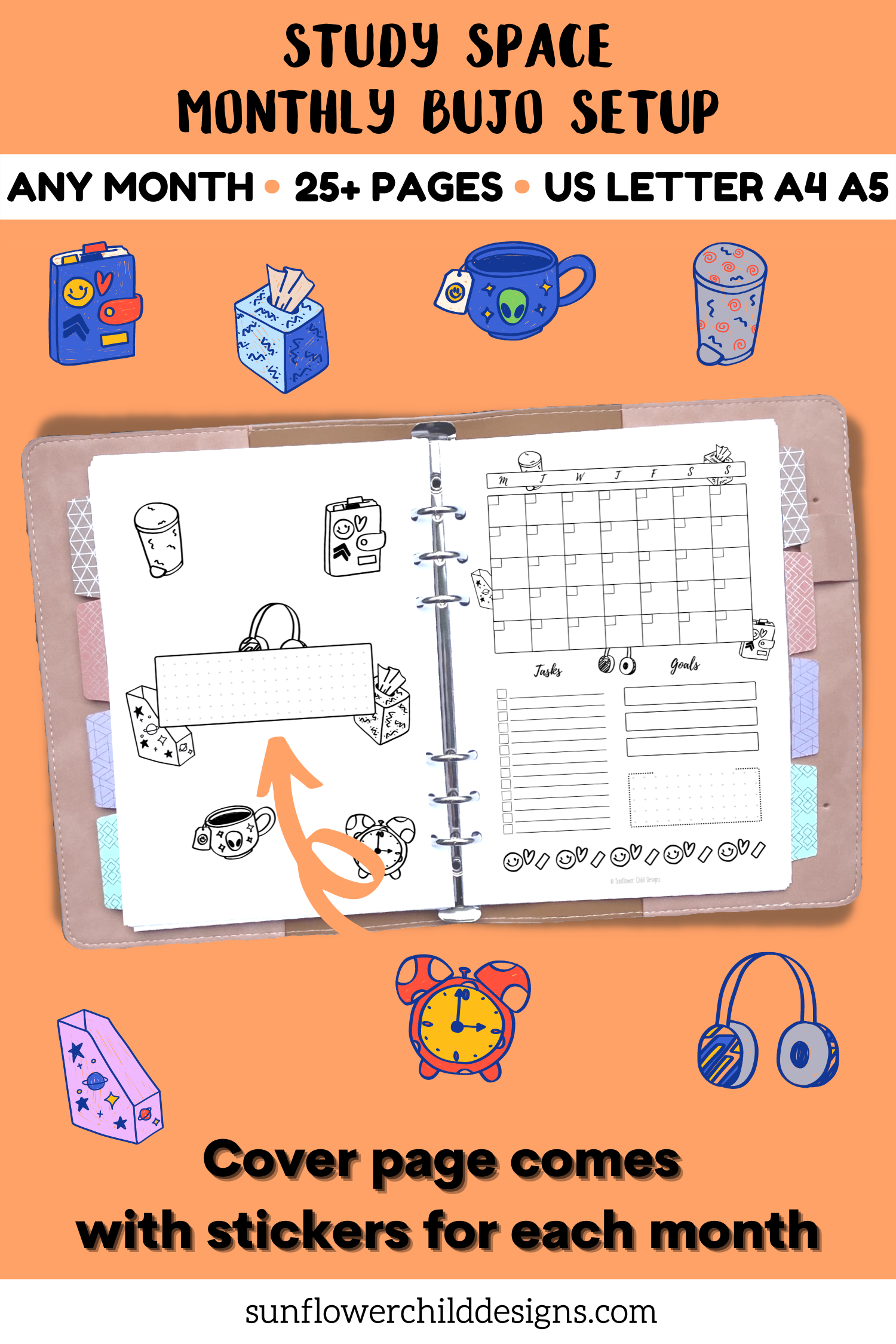 90's Baby Themed Monthly Bullet Journal Setup - Any Month - undated ...