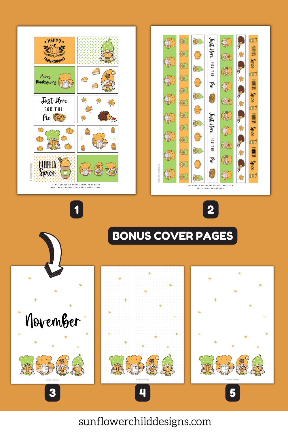Gnomes Thanksgiving Journal Kit Printable Planner Stickers — Sunflower ...