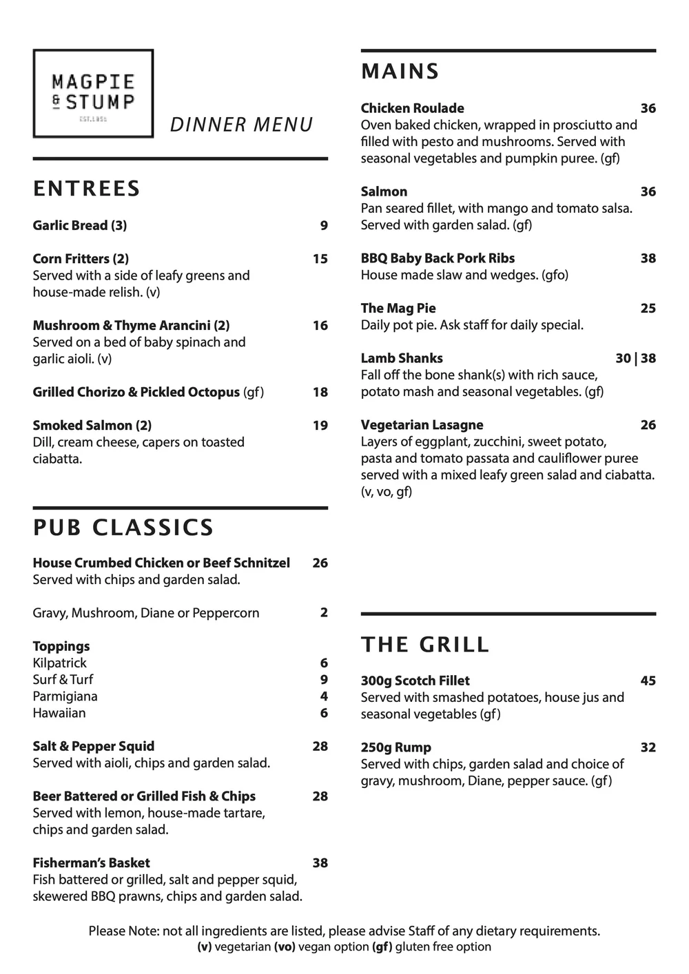 Eat | Our Menu — Magpie and Stump