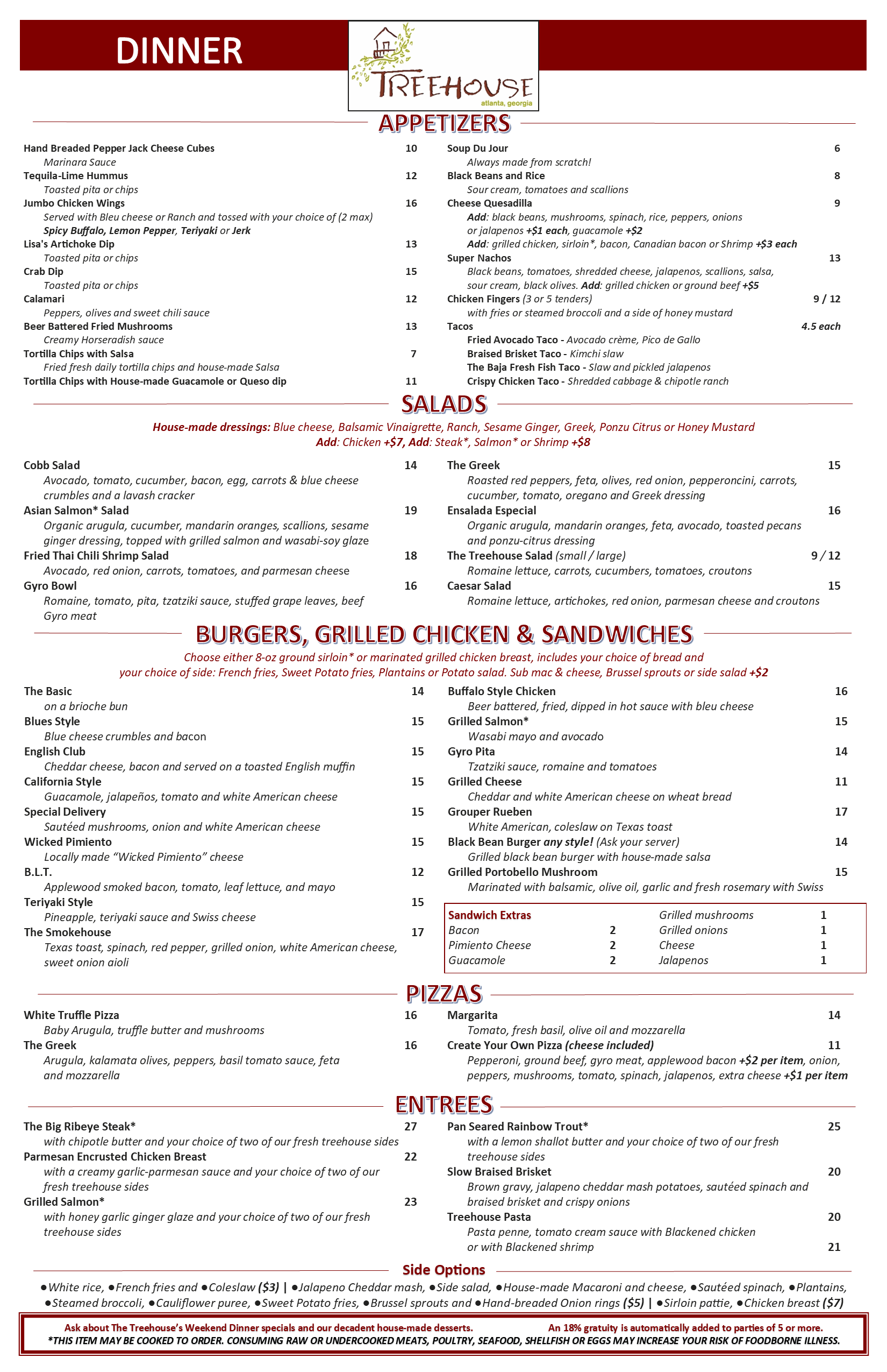 Dinner — Treehouse Restaurant & Pub